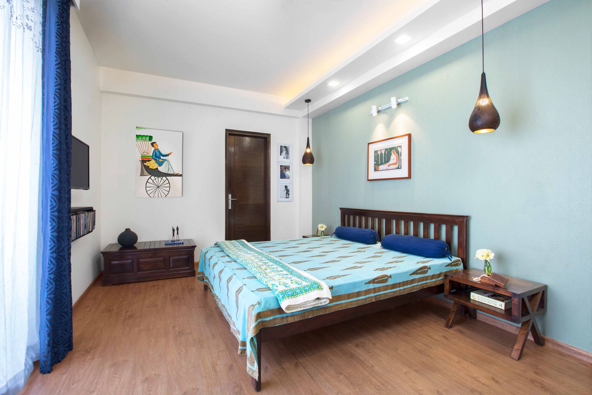 Guest Room Design With Wooden Bed And Light Blue Accent Wall - 12x9 Ft ...