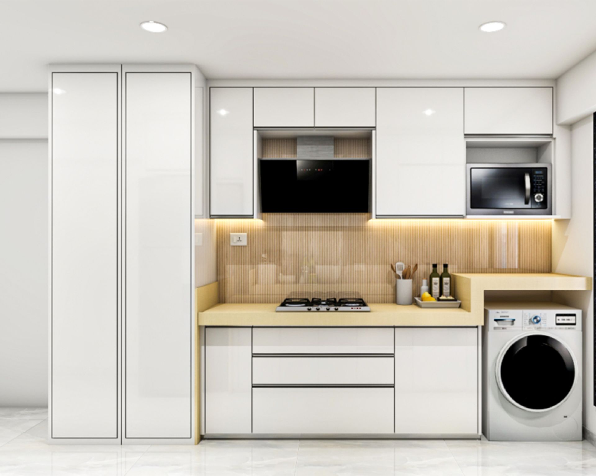 Parallel Kitchen Design With Glossy White Cabinets And Lofts | Livspace