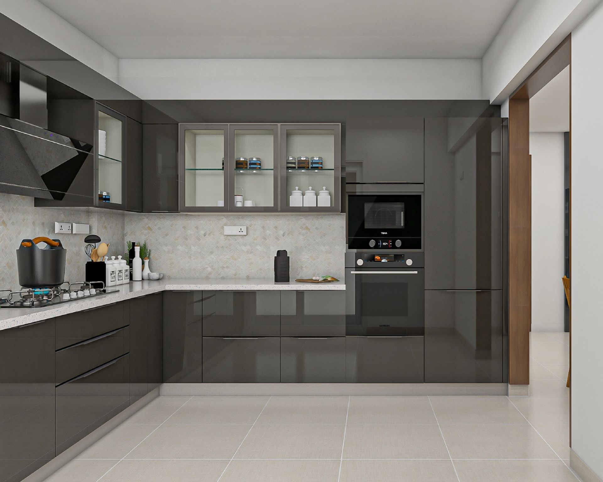 L-Shaped Kitchen Design With A Marble Countertop | Livspace