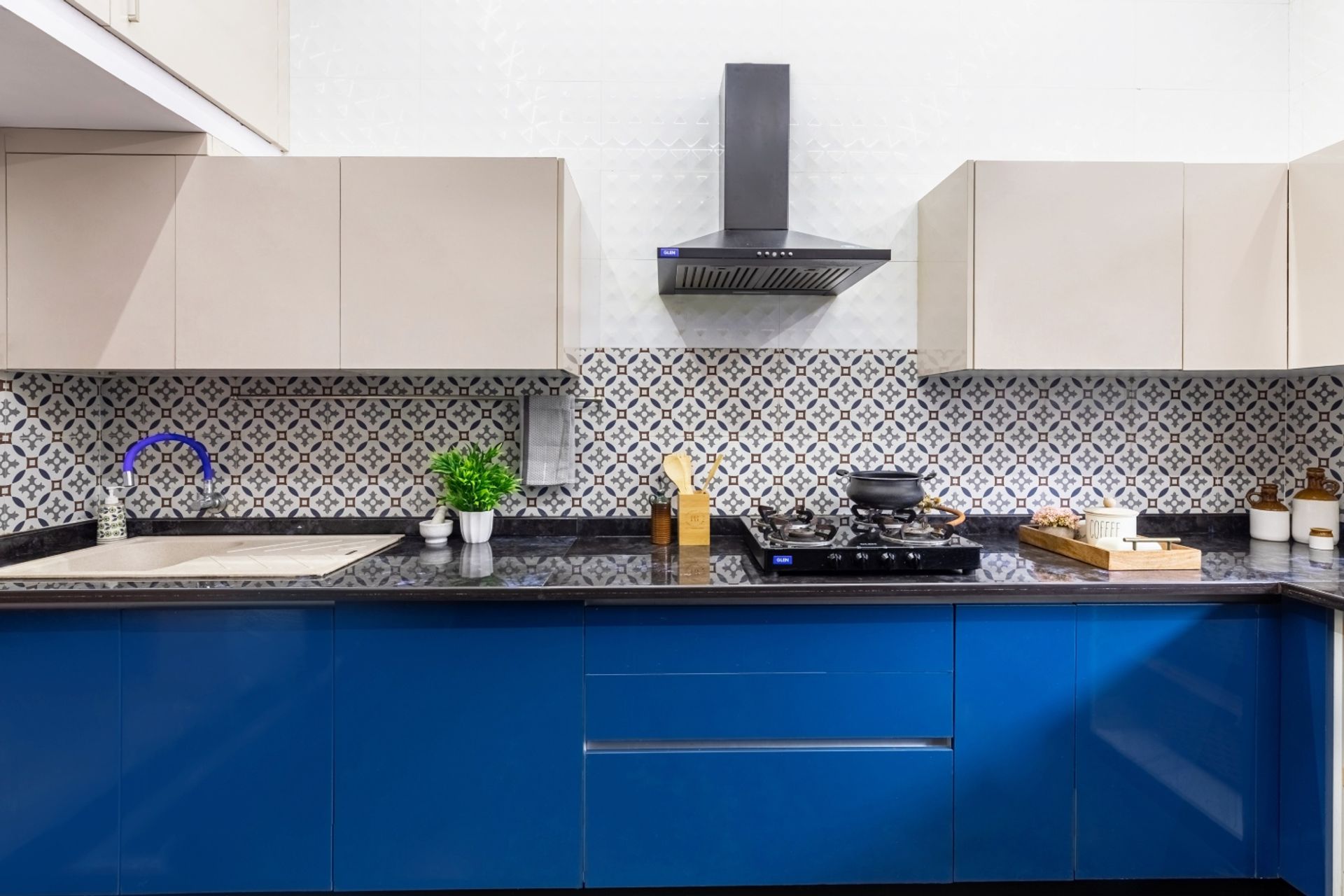 Modular Kitchen Design With Wicker Baskets And Open Shelves | Livspace