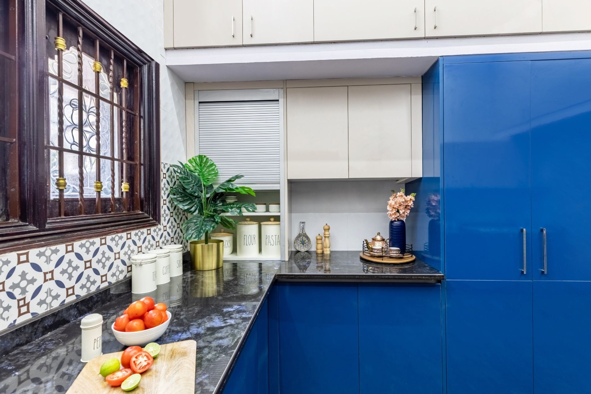 Modular Kitchen Design With Wicker Baskets And Open Shelves | Livspace