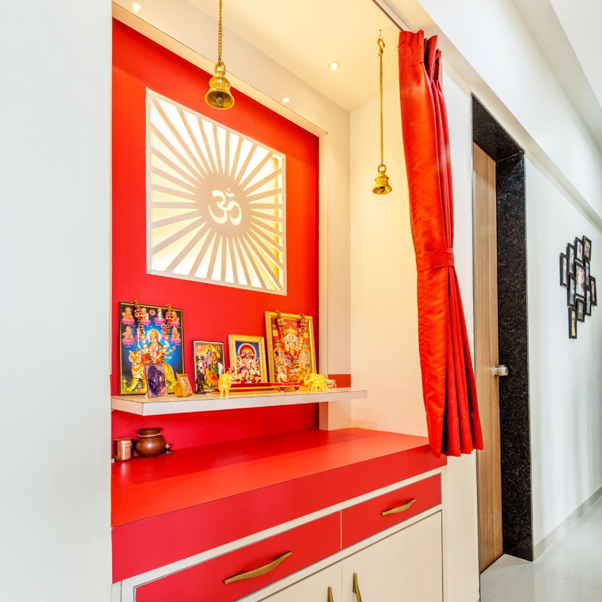 Modern Floor-Mounted Pooja Unit with Cardinal Red Accents and Om ...
