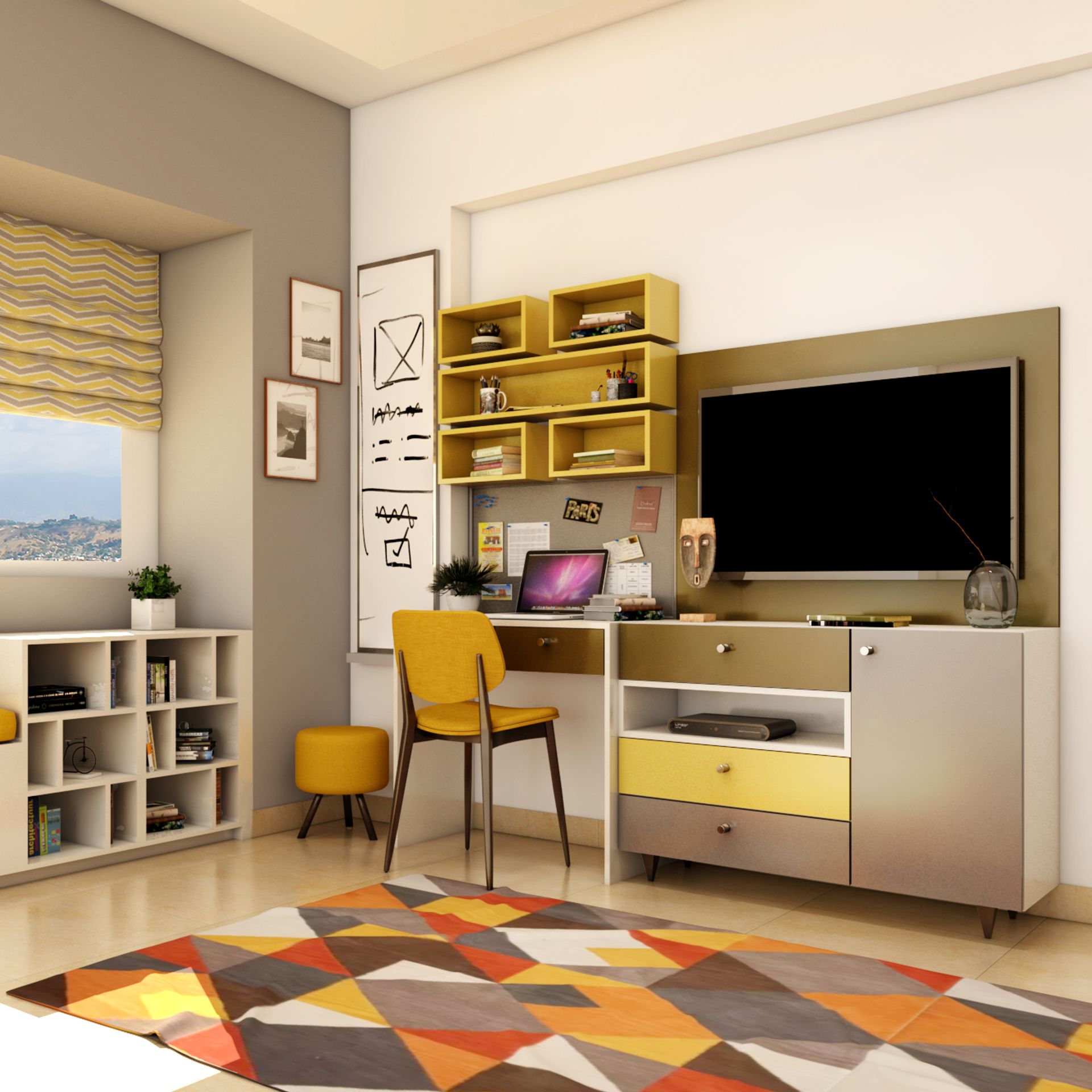 Spacious Study Room Design With Frosty White, Tan and Marrigold yellow ...