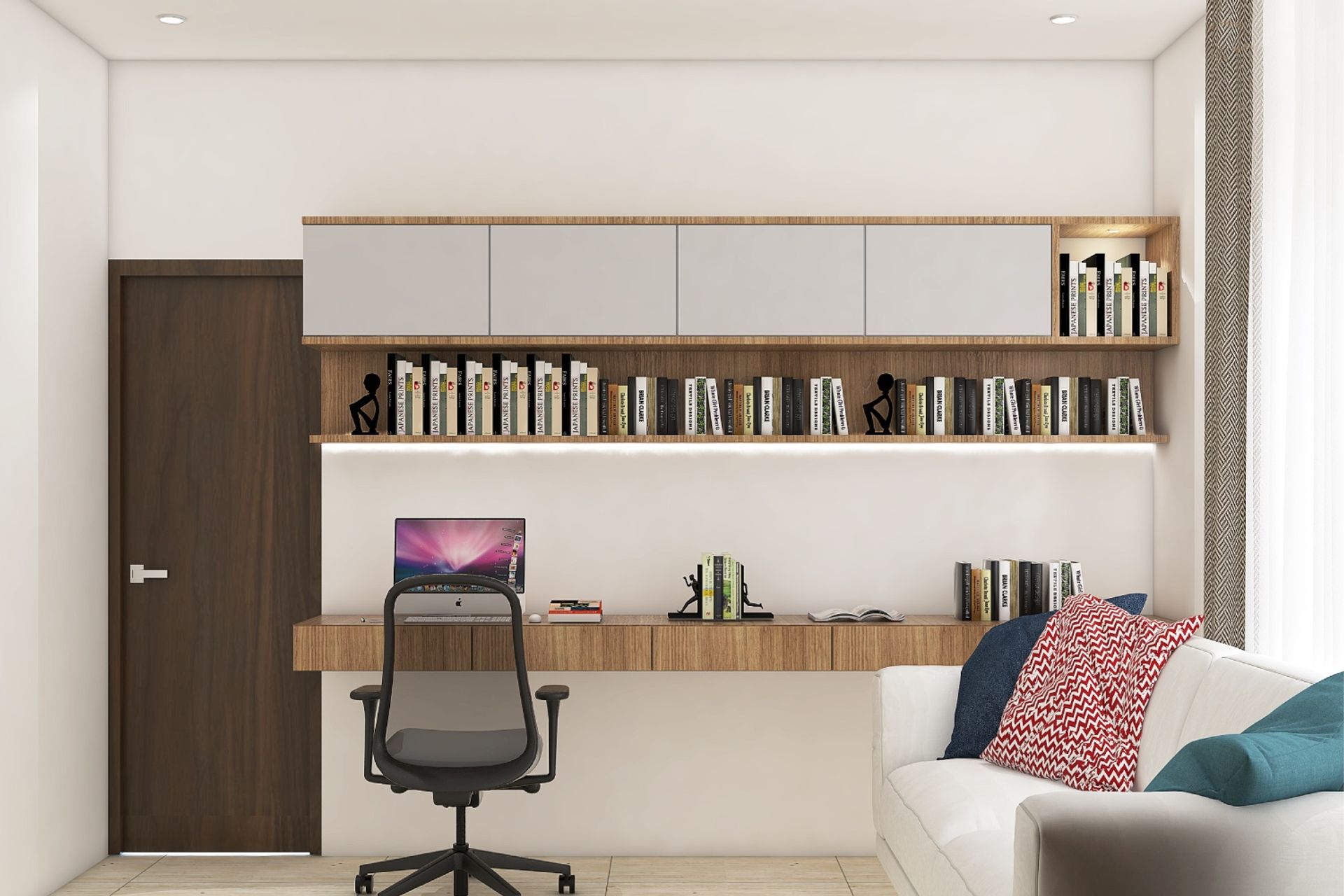 Spacious Grey And Teak Study Room Design With Open Bookshelf | Livspace