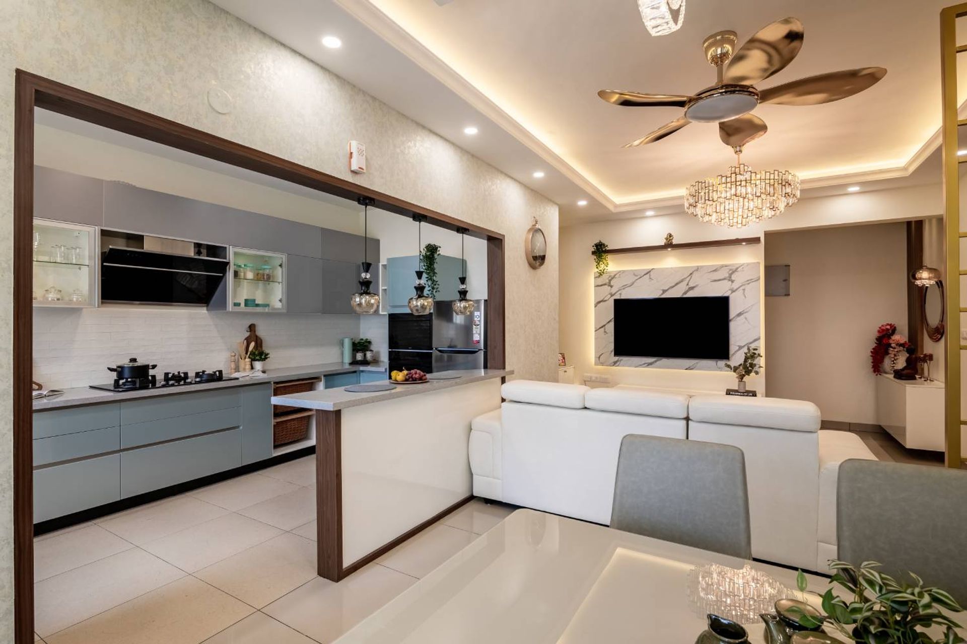 Contemporary 2BHK Bangalore Flat Design with Mirror Wall and L-Shaped ...