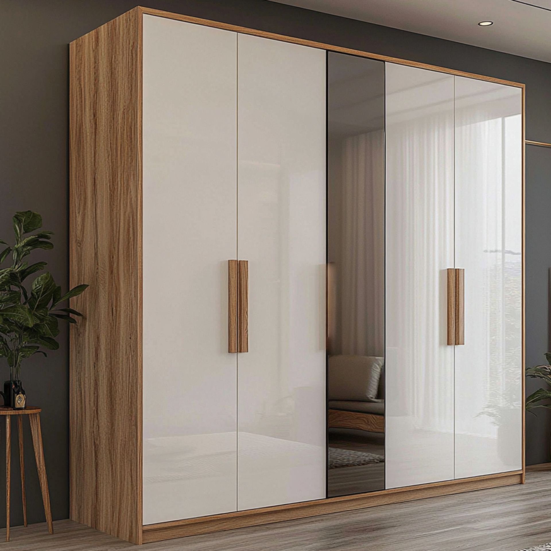 Modern White Swing Wardrobe Design with High-Gloss Laminate and Tinted ...