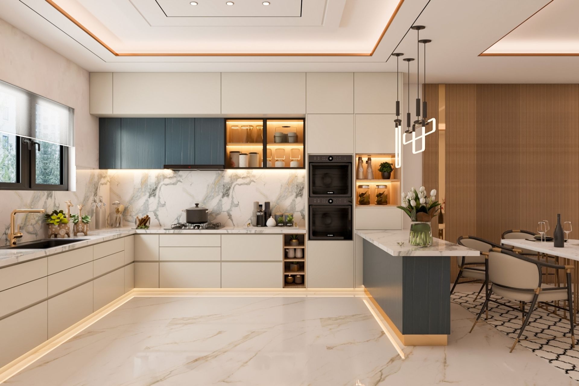 White Dual Double-Layered False Ceiling Design For Kitchens | Livspace