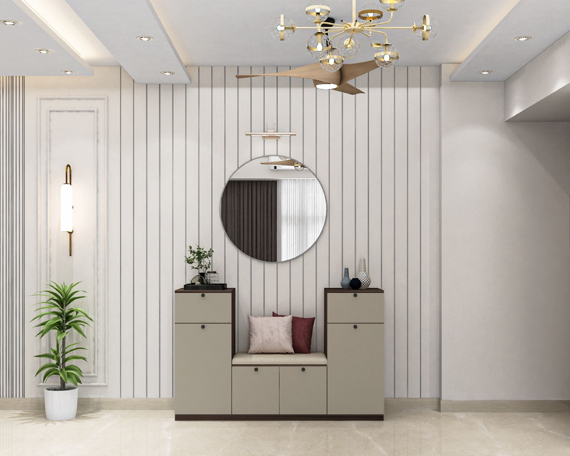 Spacious Grey Foyer Design With White Wall Panels | Livspace