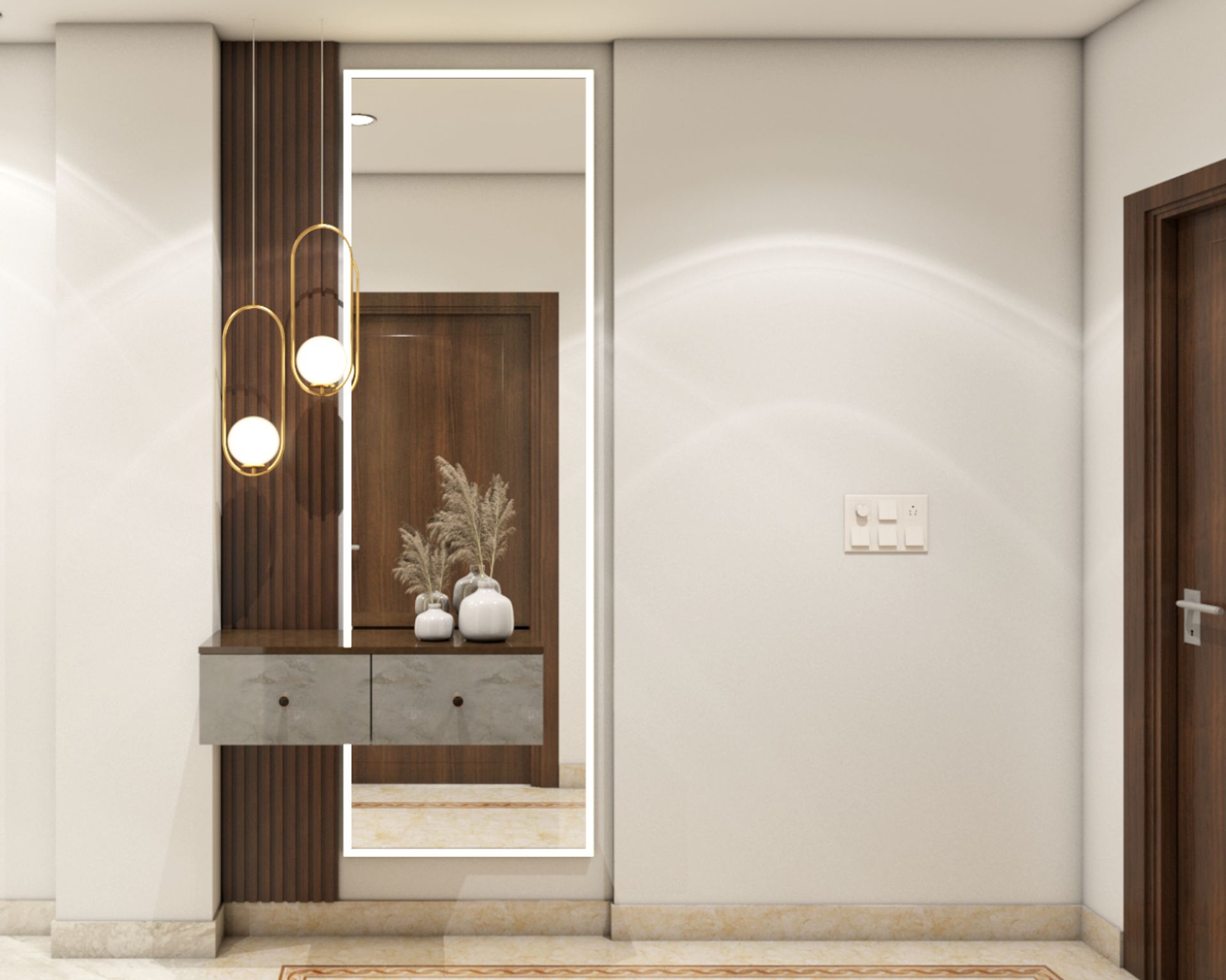 Compact Foyer Design With Full Length Mirror And Grey Wall-Mounted ...