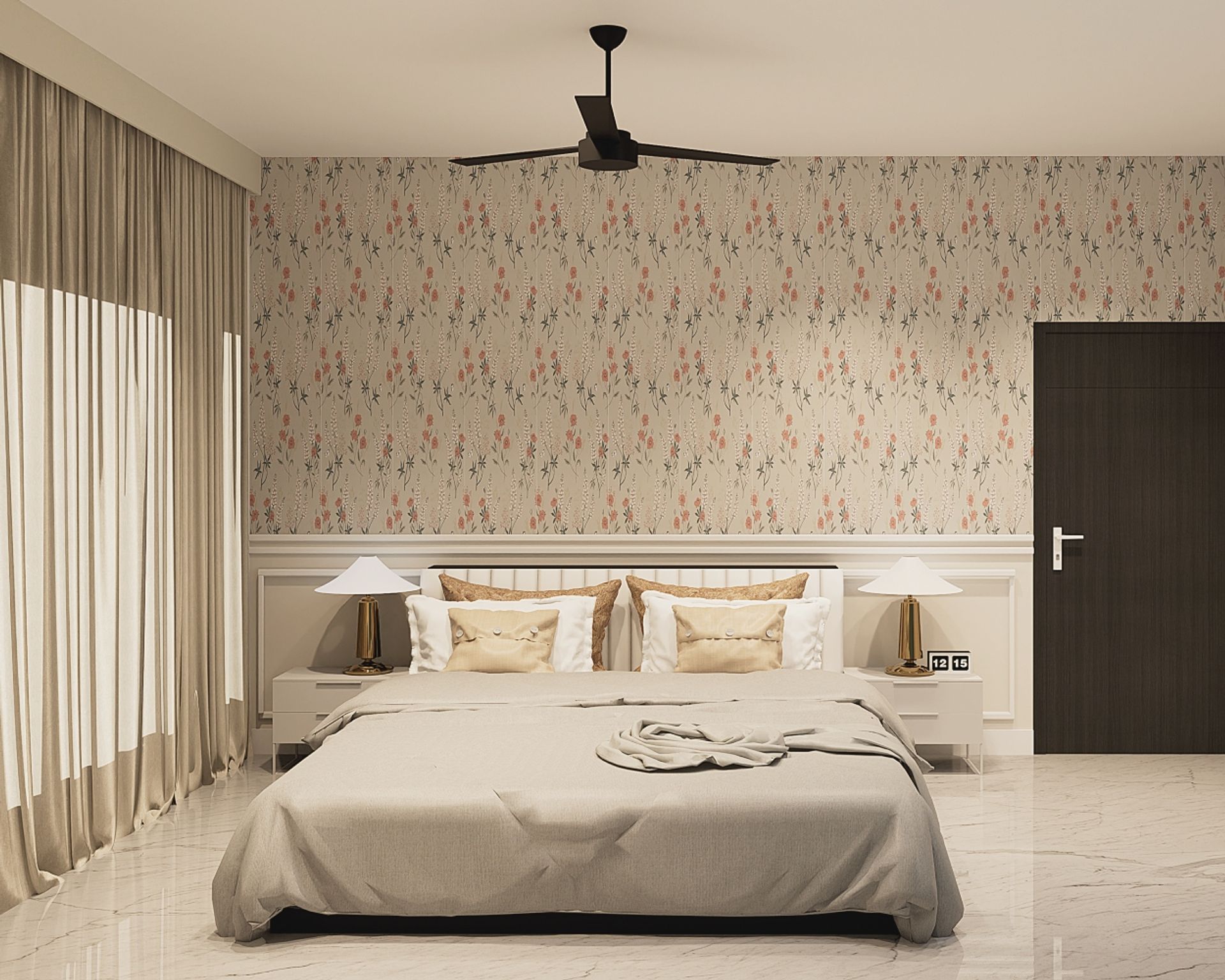 Modern White Guest Room Design With Floral Wallpaper | Livspace