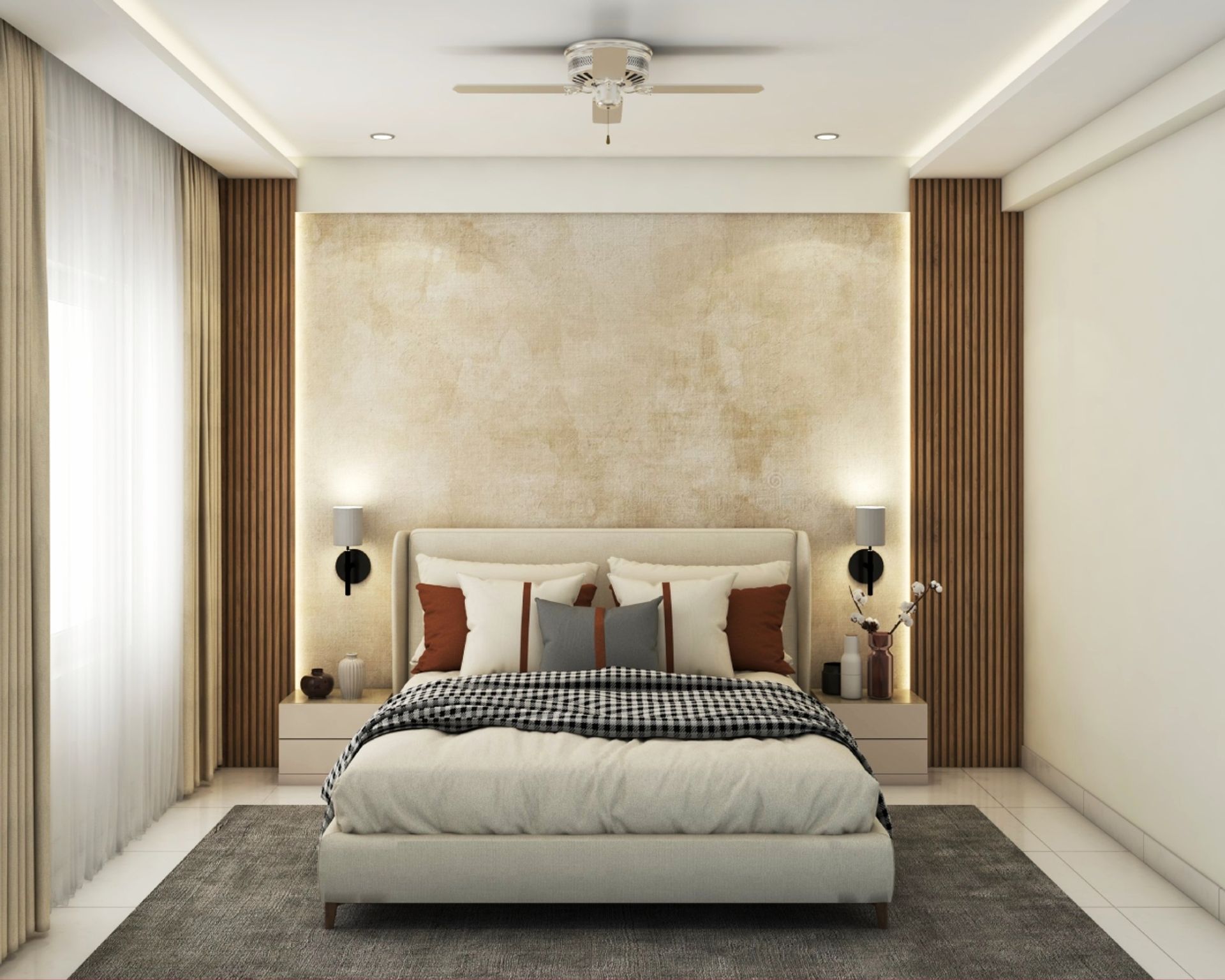 Compact Guest Room Design With Beige Wallpaper And Parallel False ...