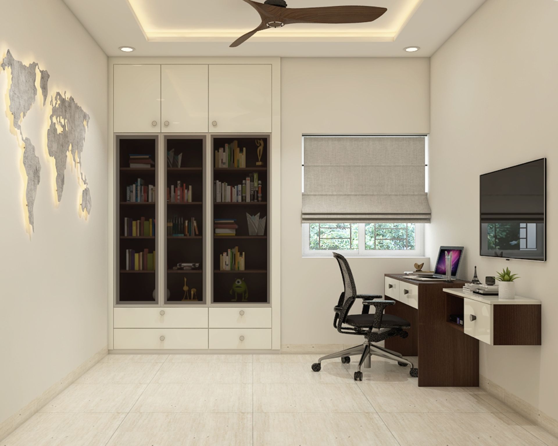 Spacious Home Office Design With Large Open Book Shelf | Livspace