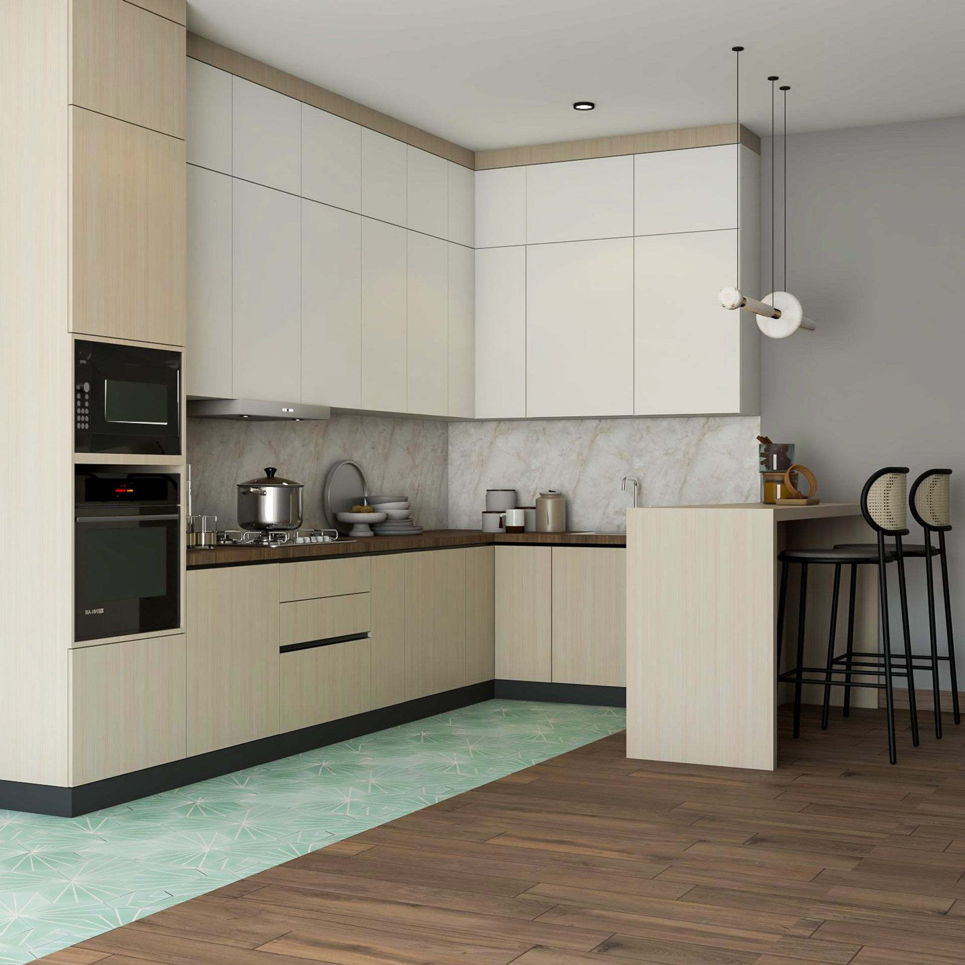 Compact Open Light Wood And Cream-Toned Modular Kitchen Design With ...