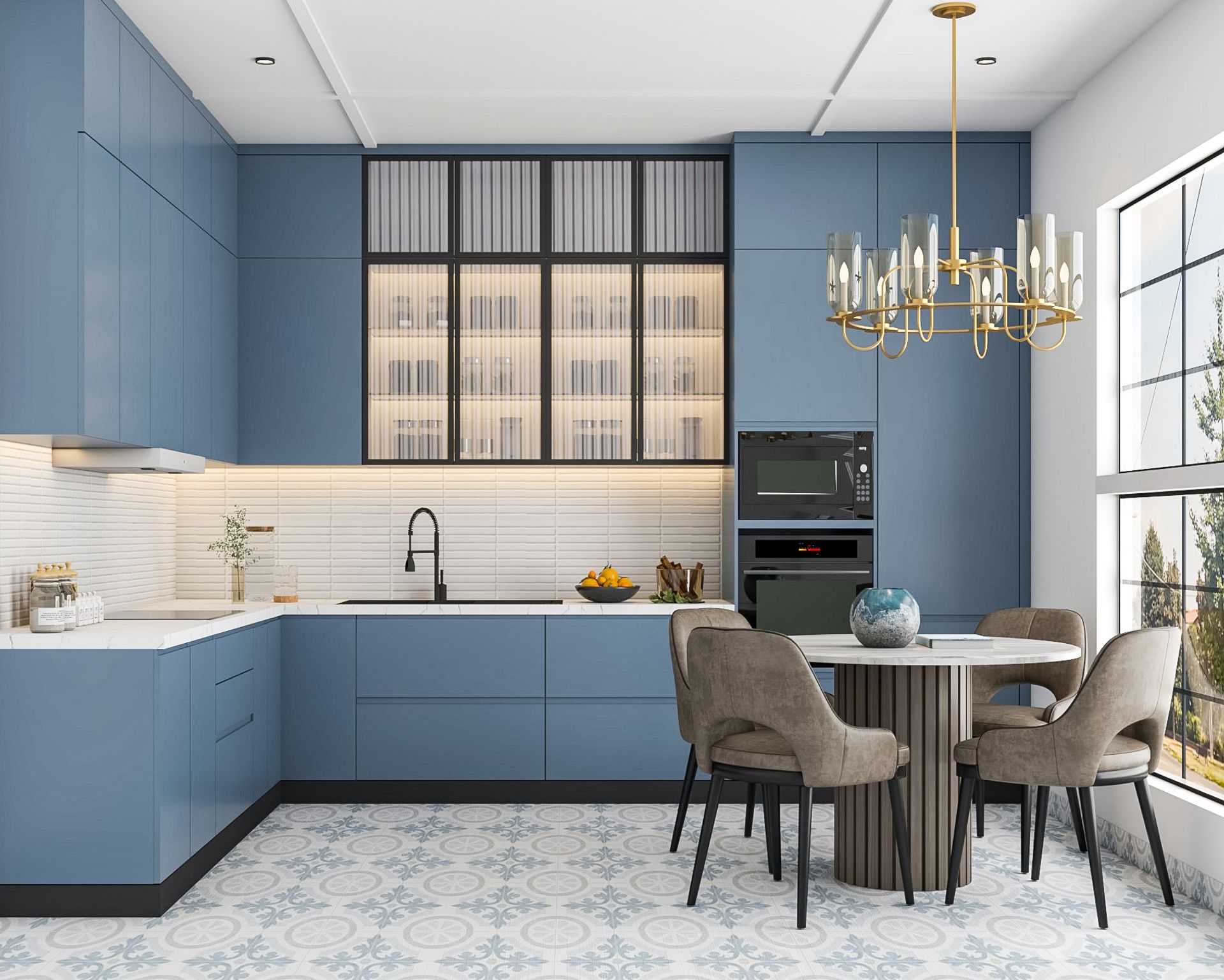 Contemporary L-Shape Kitchen Design with Ristagno Blu Cabinets | Livspace