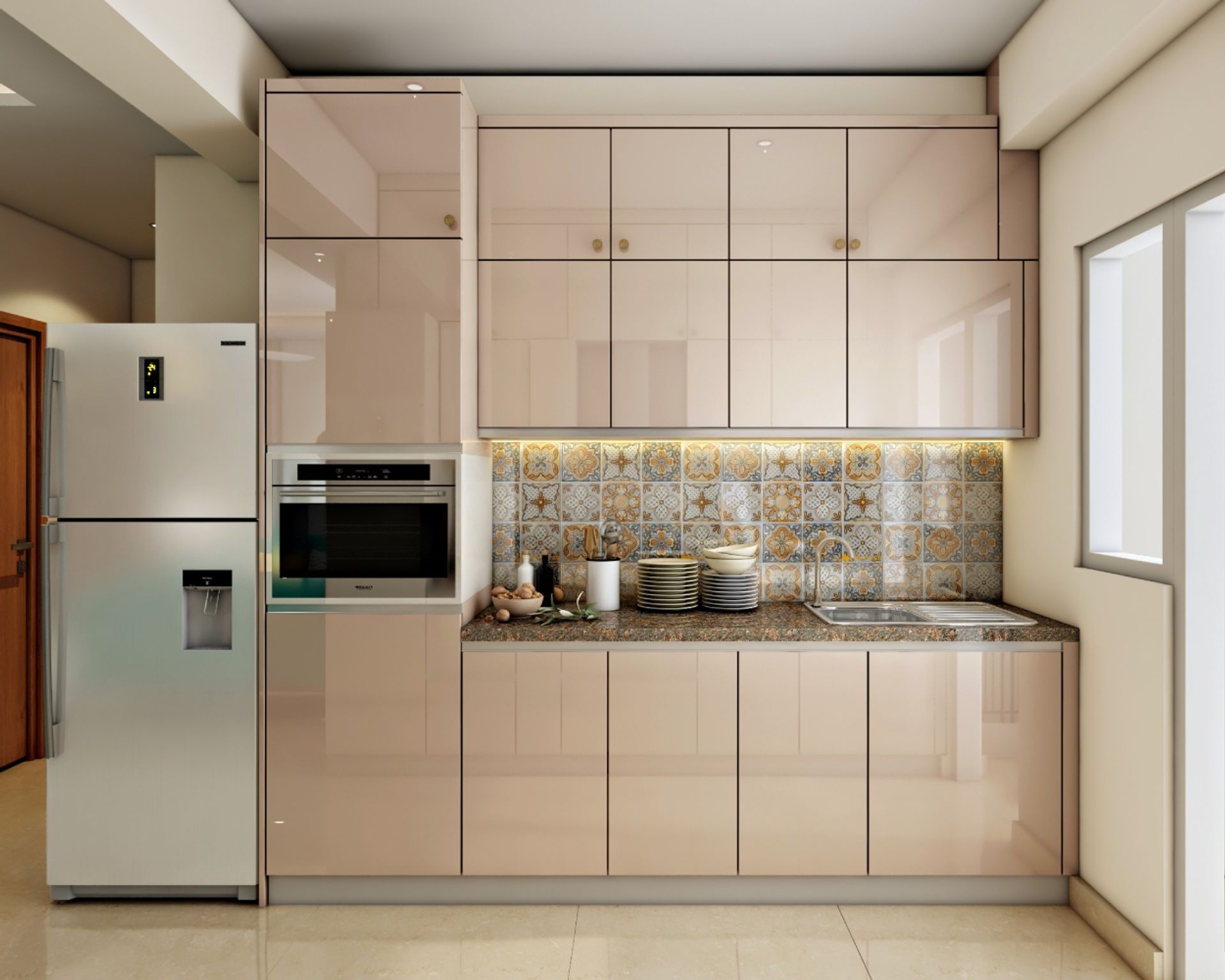 Contemporary L-Shape Kitchen Design with Light Beige Cabinets | Livspace