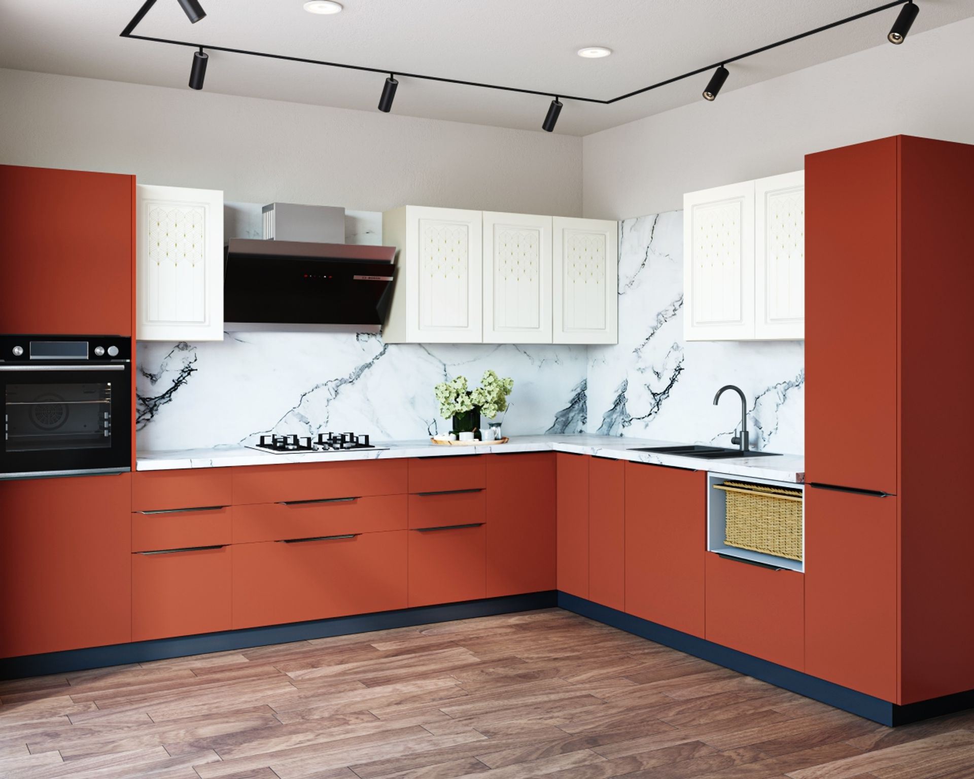 Contemporary L-Shaped Kitchen Design with Rosso Venetian and White ...