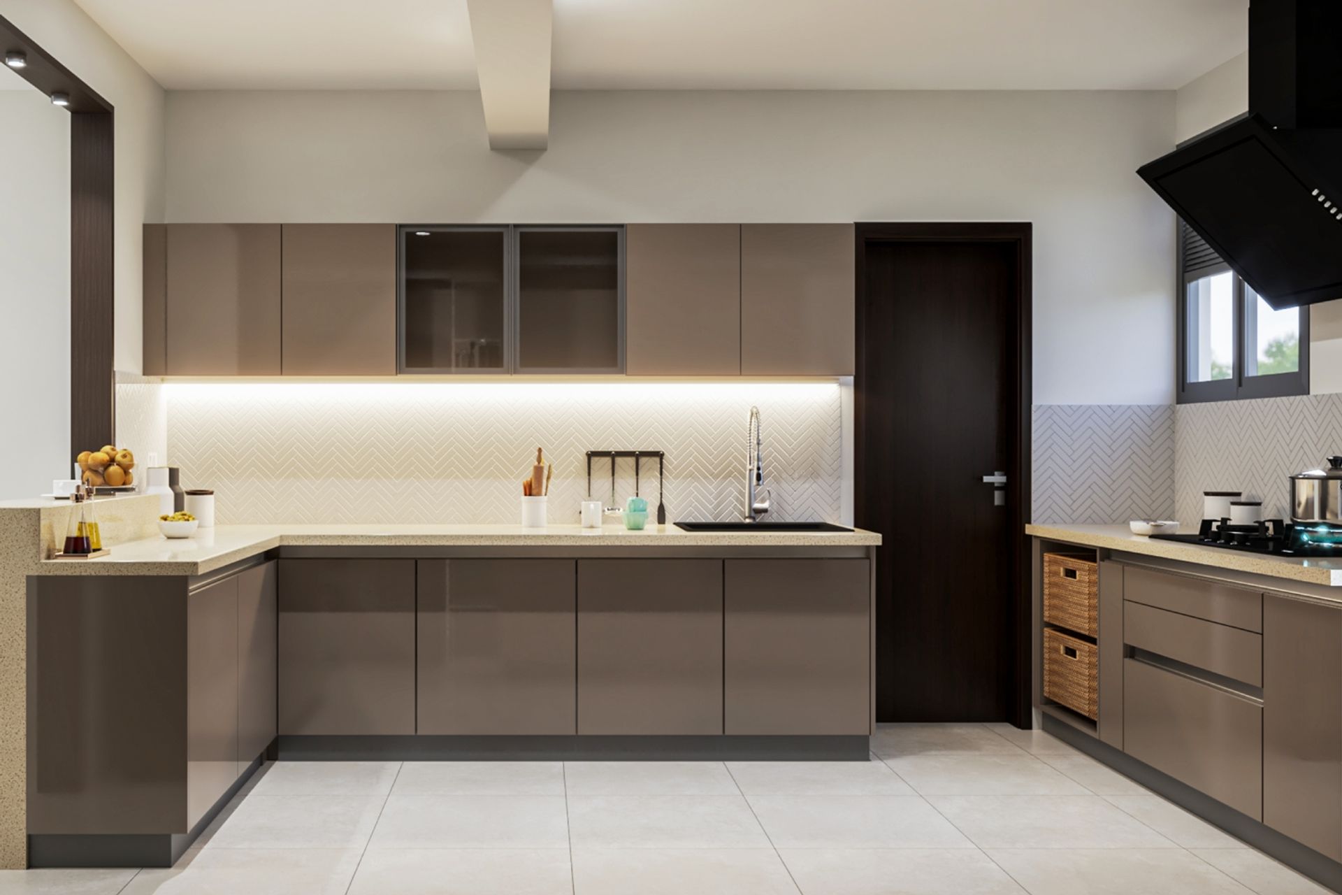 Tan High-Gloss Open Indian Kitchen Design With White Chevron Backsplash ...