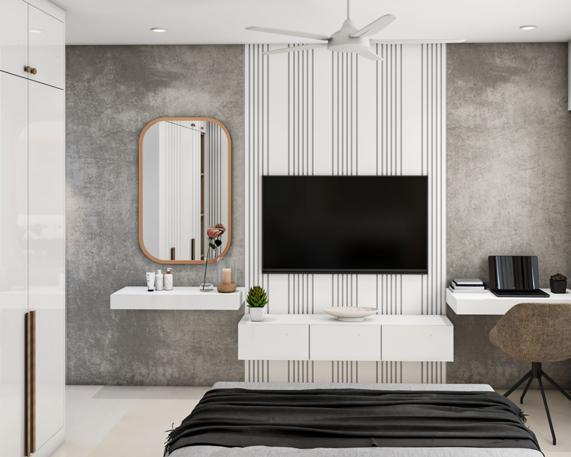 Elegant Master Bedroom Design with Grooved Wall Panels, and Pendant ...