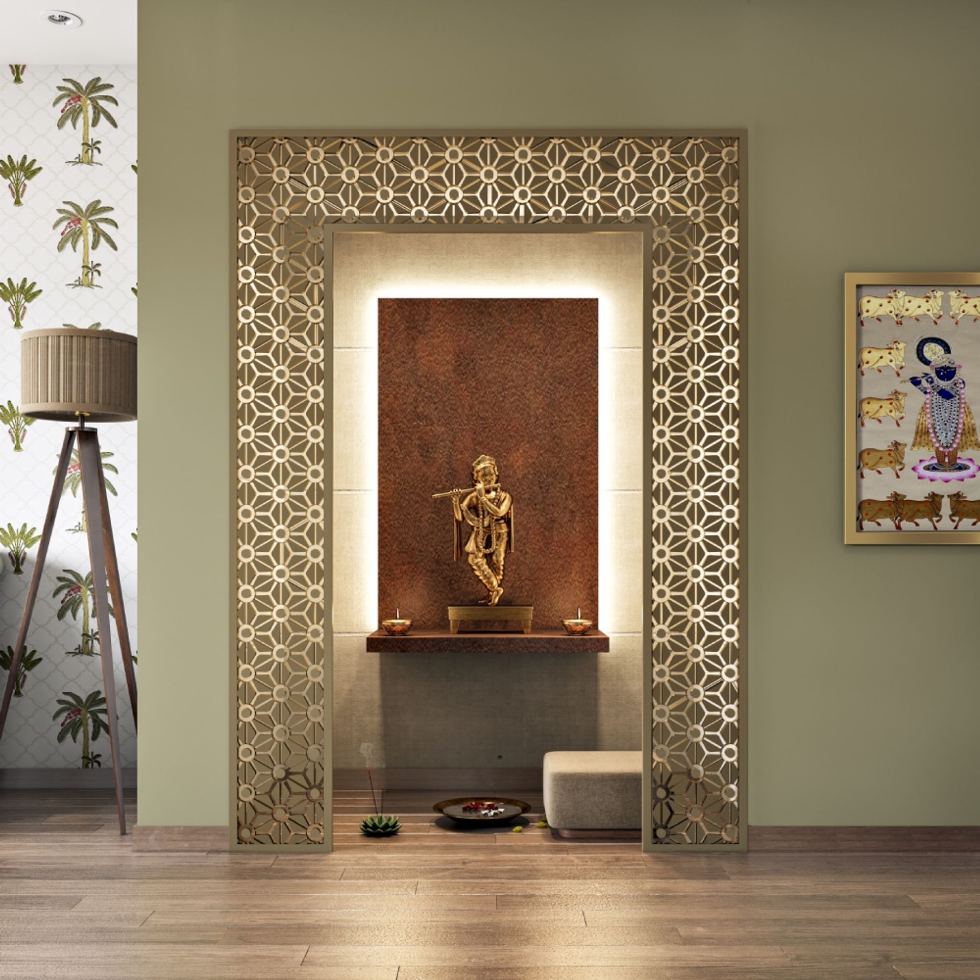 Compact Modern Pooja Unit: Profile Lighting and Brown and Golden Wall ...