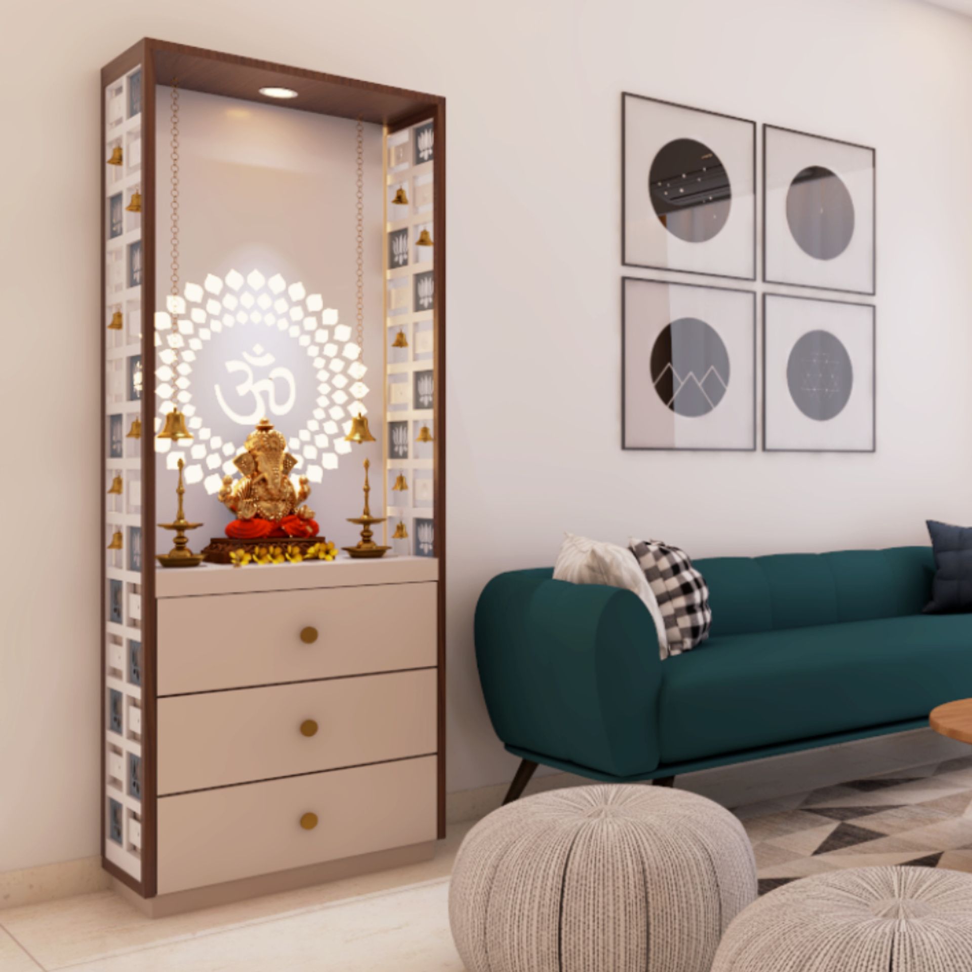 Vertical Floor-Mounted White Mandir Design With 3-Drawer Storage | Livspace