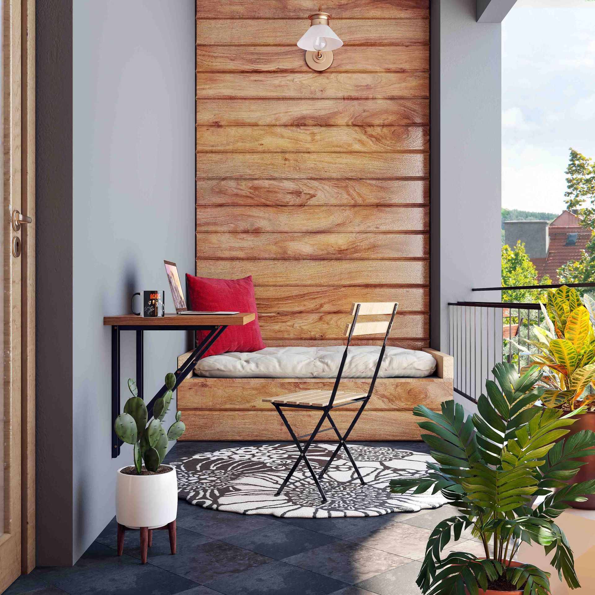 Contemporary and Cozy: Balcony Design With Wooden Bench and Grey Tile ...