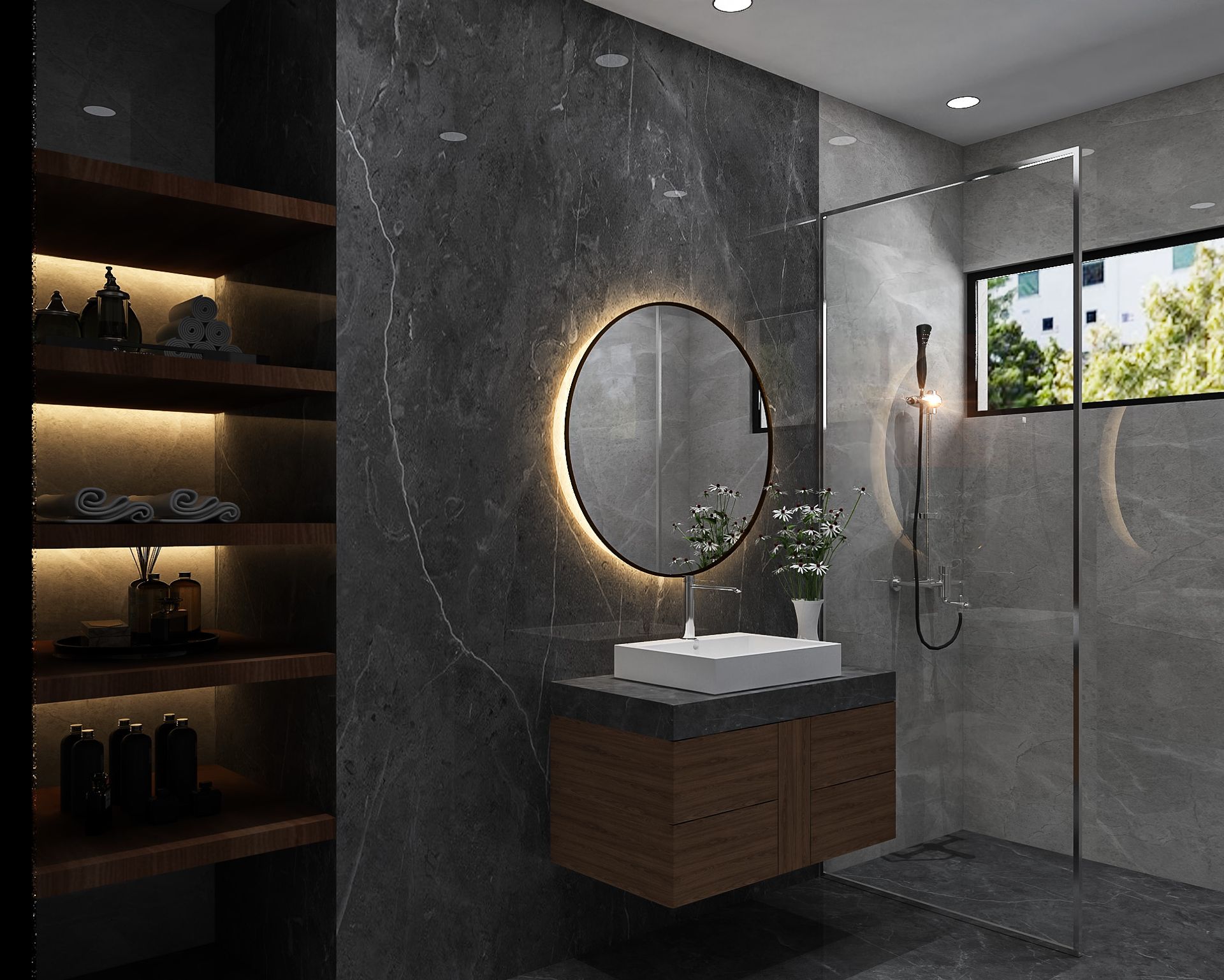 Contemporary Bathroom Design with Backlit Mirror, Vanity and Glass Partition | Livspace