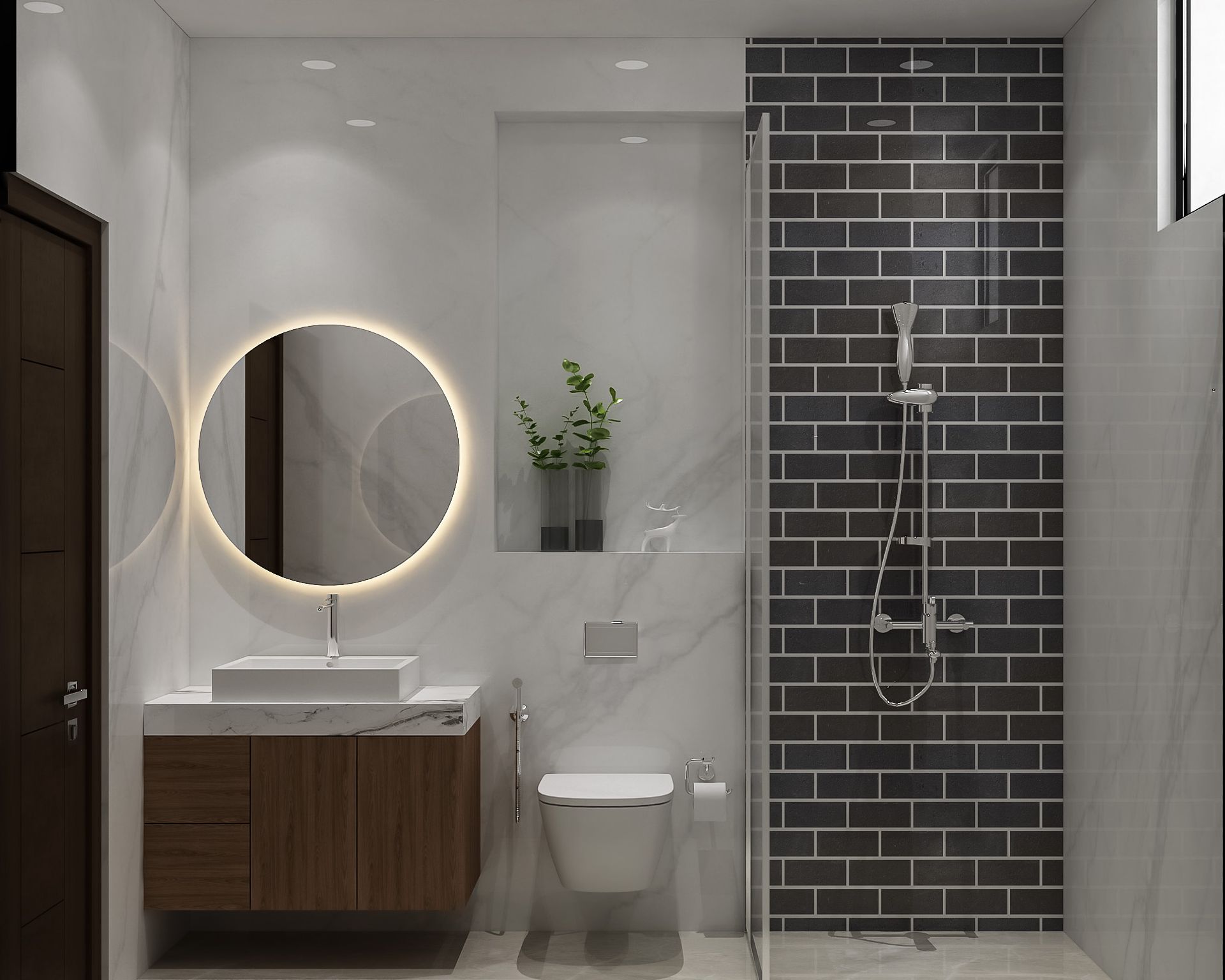 Small Space Luxury and Minimal Bathroom Design With Backlit Round Mirror | Livspace