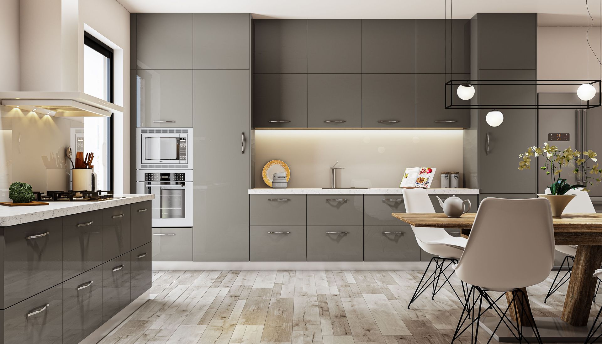 Silver Accents: Contemporary Open Kitchen Design With Cabinets and ...