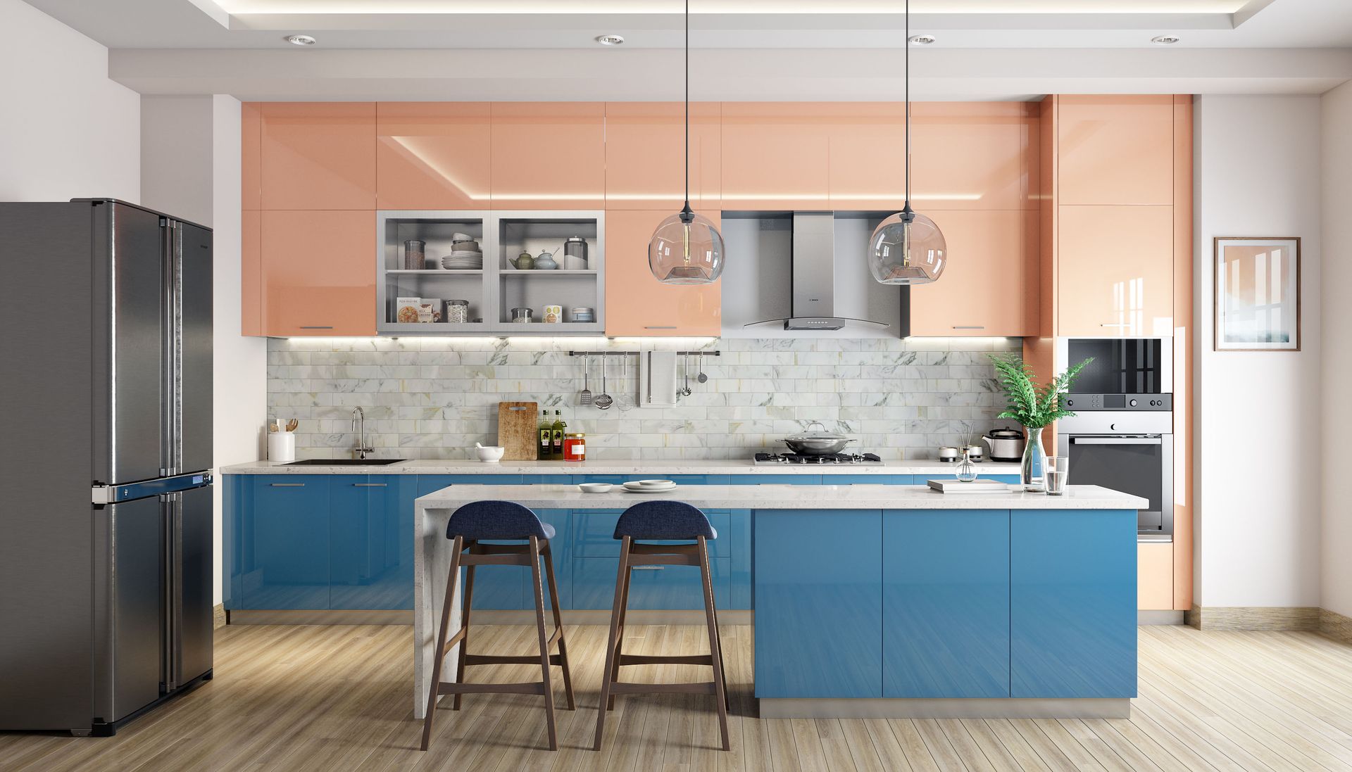 Blue and Rose Modern Island Kitchen Design With Cabinets, Tall Unit and ...
