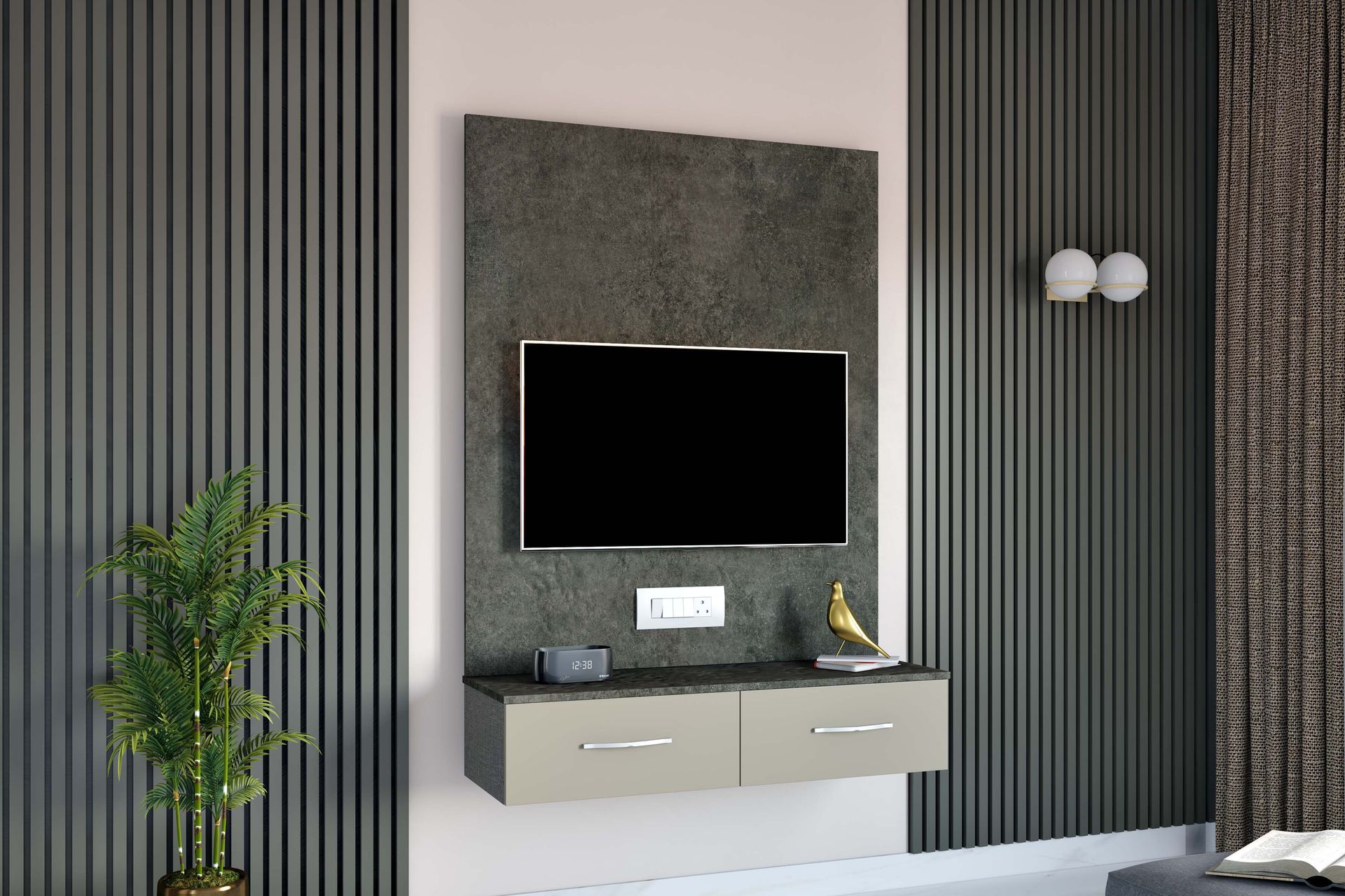 Customizable Dove Grey TV Unit Design With Wall Mounted Drawer Unit ...