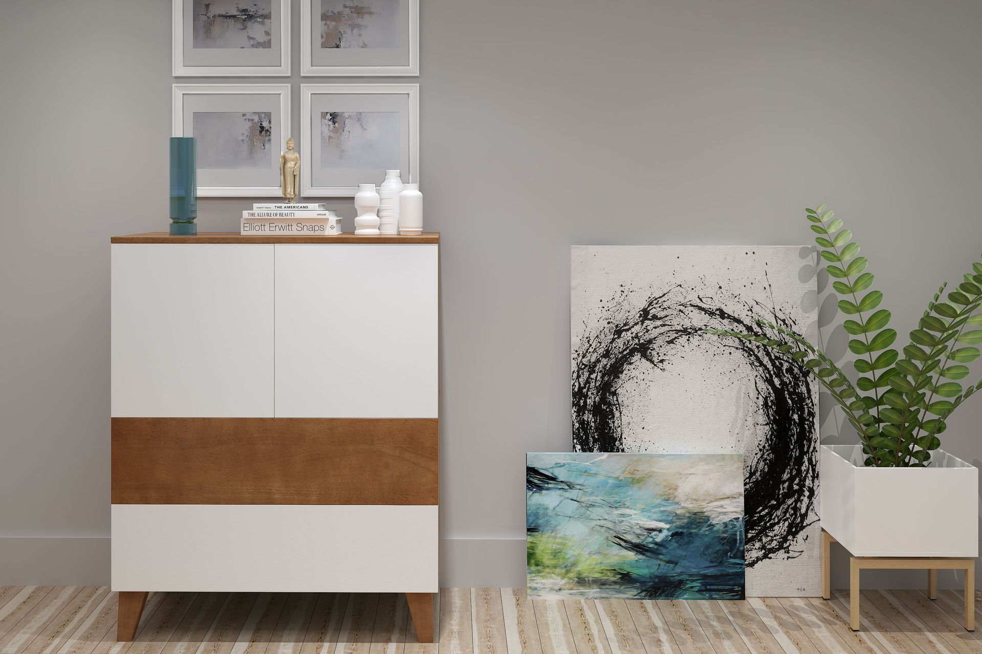 Modern Foyer Design With Grey Accent Wall And White-Wood Storage Unit ...
