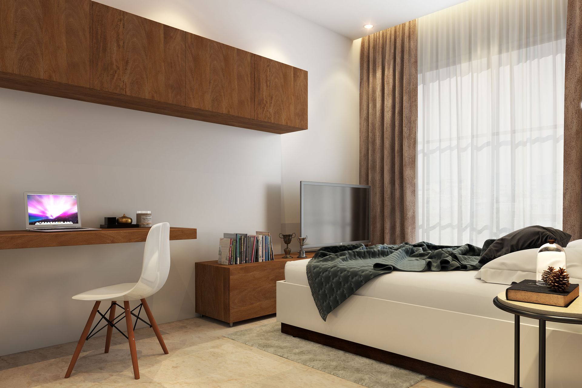 Spacious Wall-Mounted Wooden Home Office Design With Overhead Cabinets ...