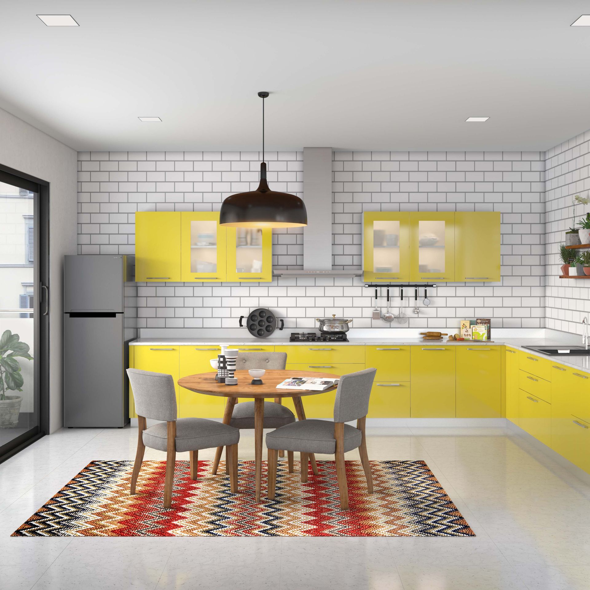 Yellow And White Open Modular L-Shape Kitchen Design | Livspace