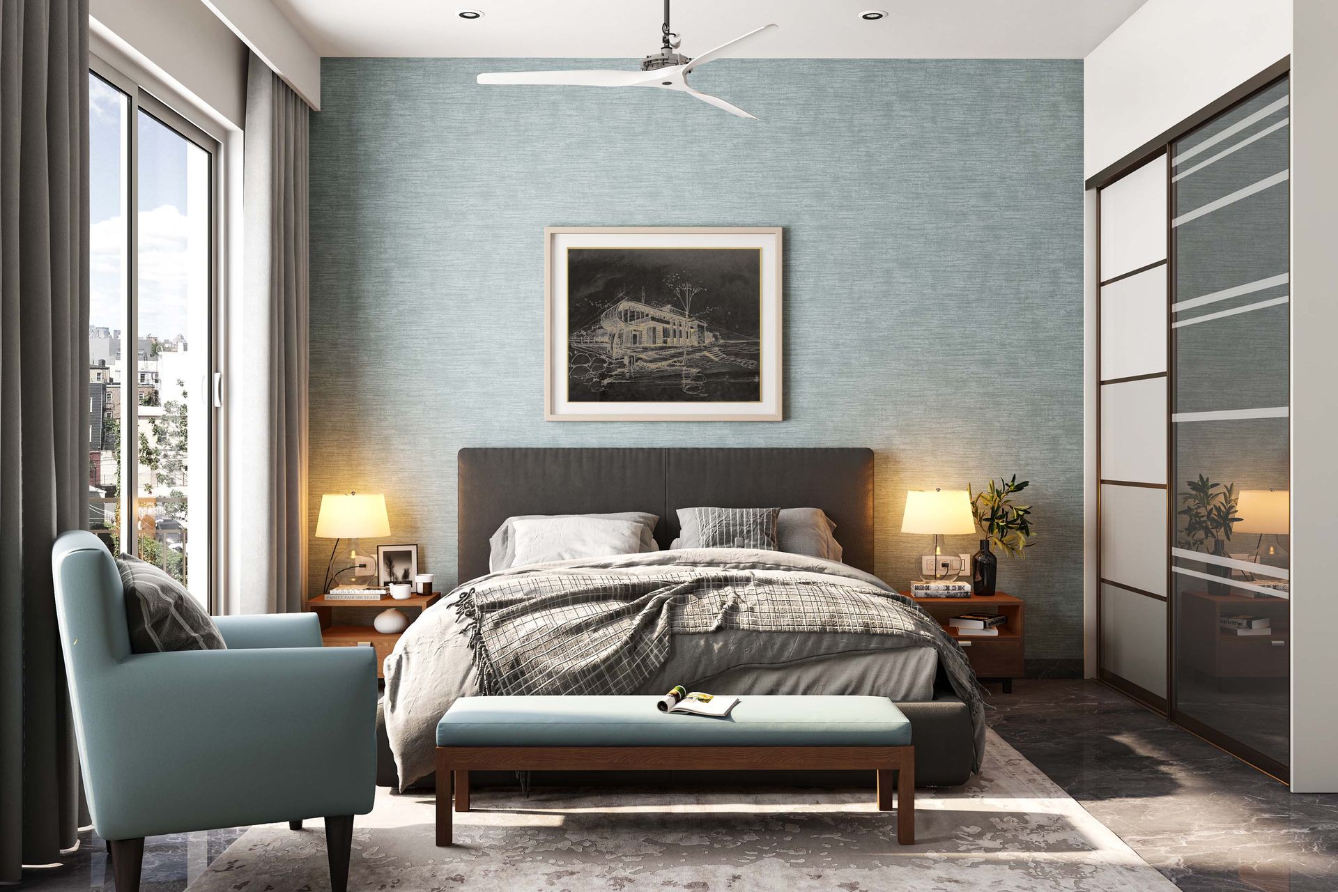 Textured Light Blue Wallpaper Design For Bedrooms | Livspace
