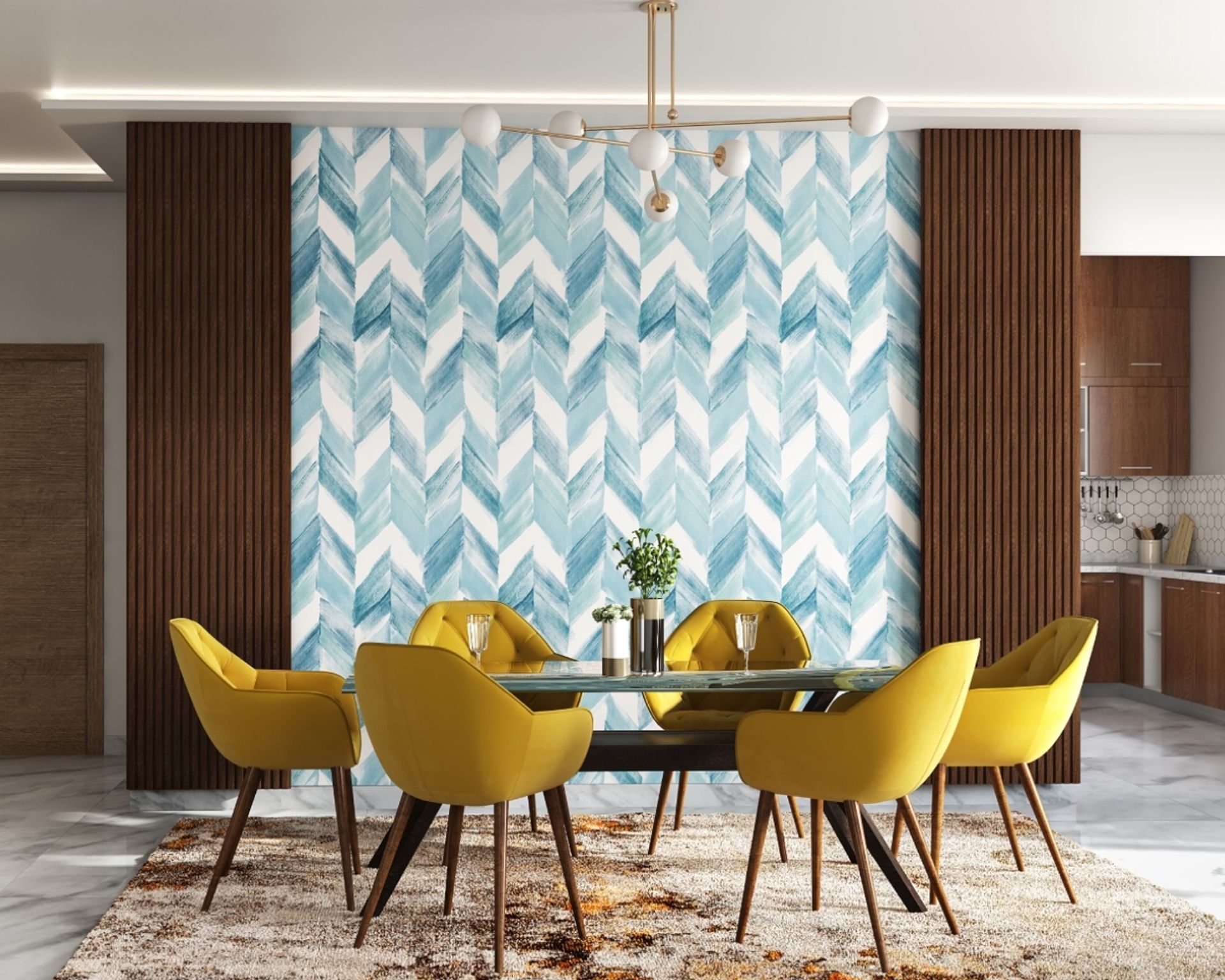 Wooden, White, and Blue Contemporary Wall Design with Wallpaper and ...