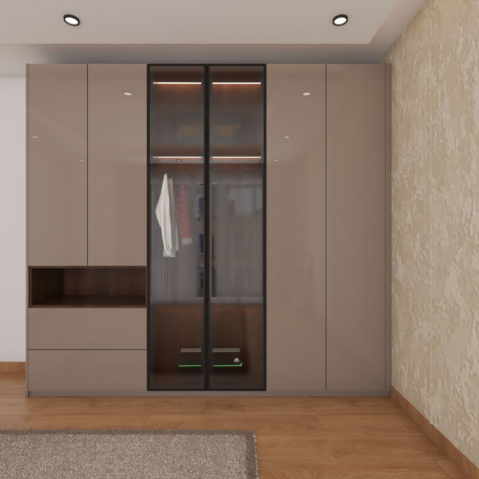 Glossy Beige And Wood 6-Door Swing Wardrobe Design With Translucent ...