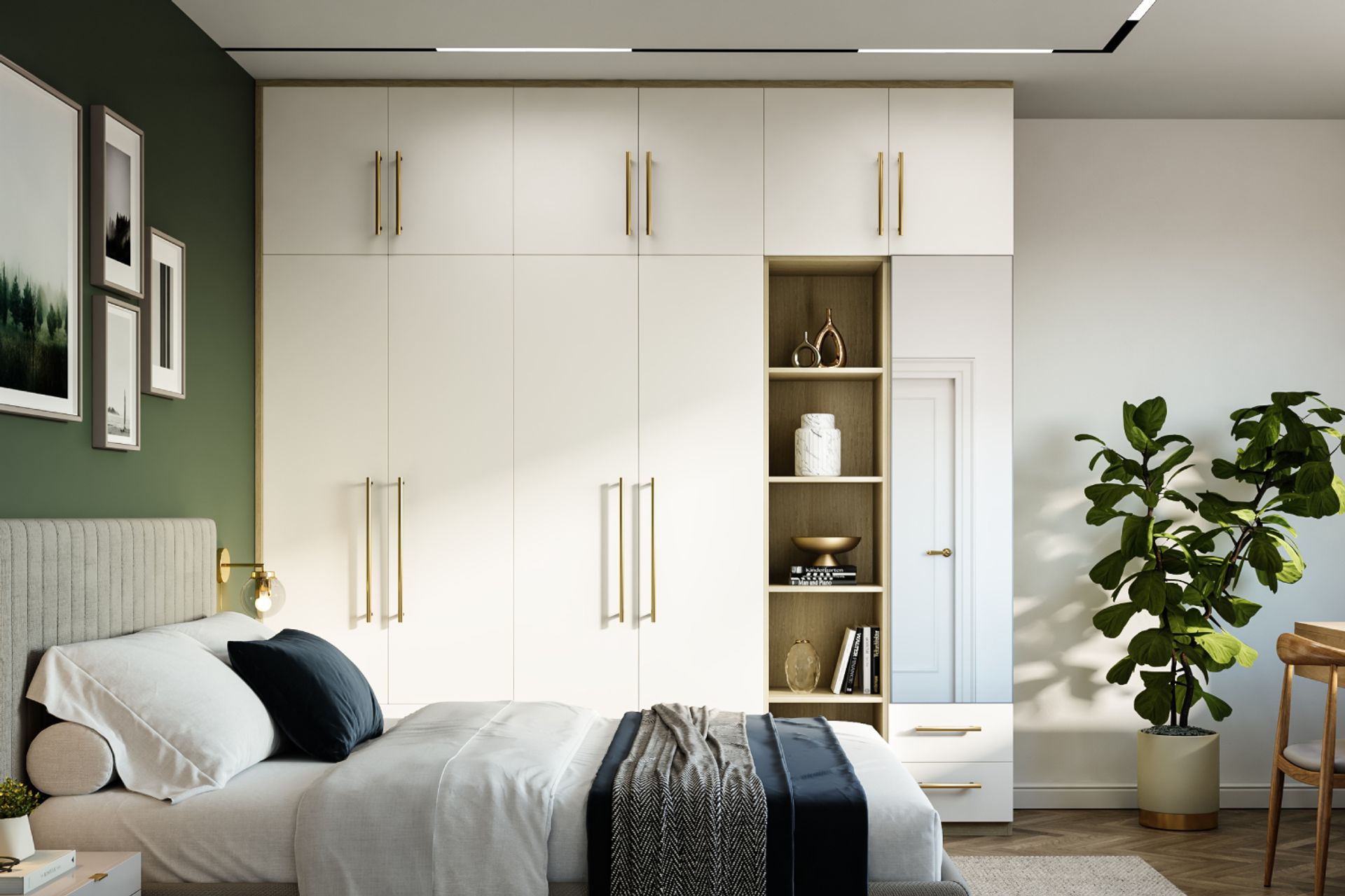 White 5-Door Swing Wardrobe Design With Open Shelves And Mirror | Livspace