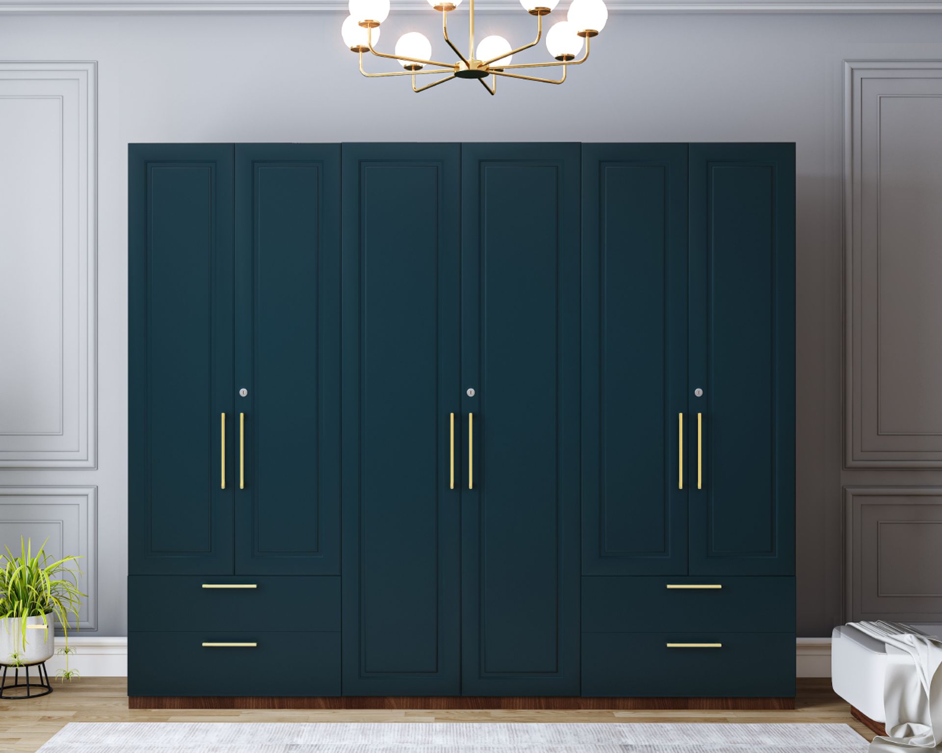 Spacious Classic 6-Door Swing Wardrobe Design in Aqua Blue with Golden ...