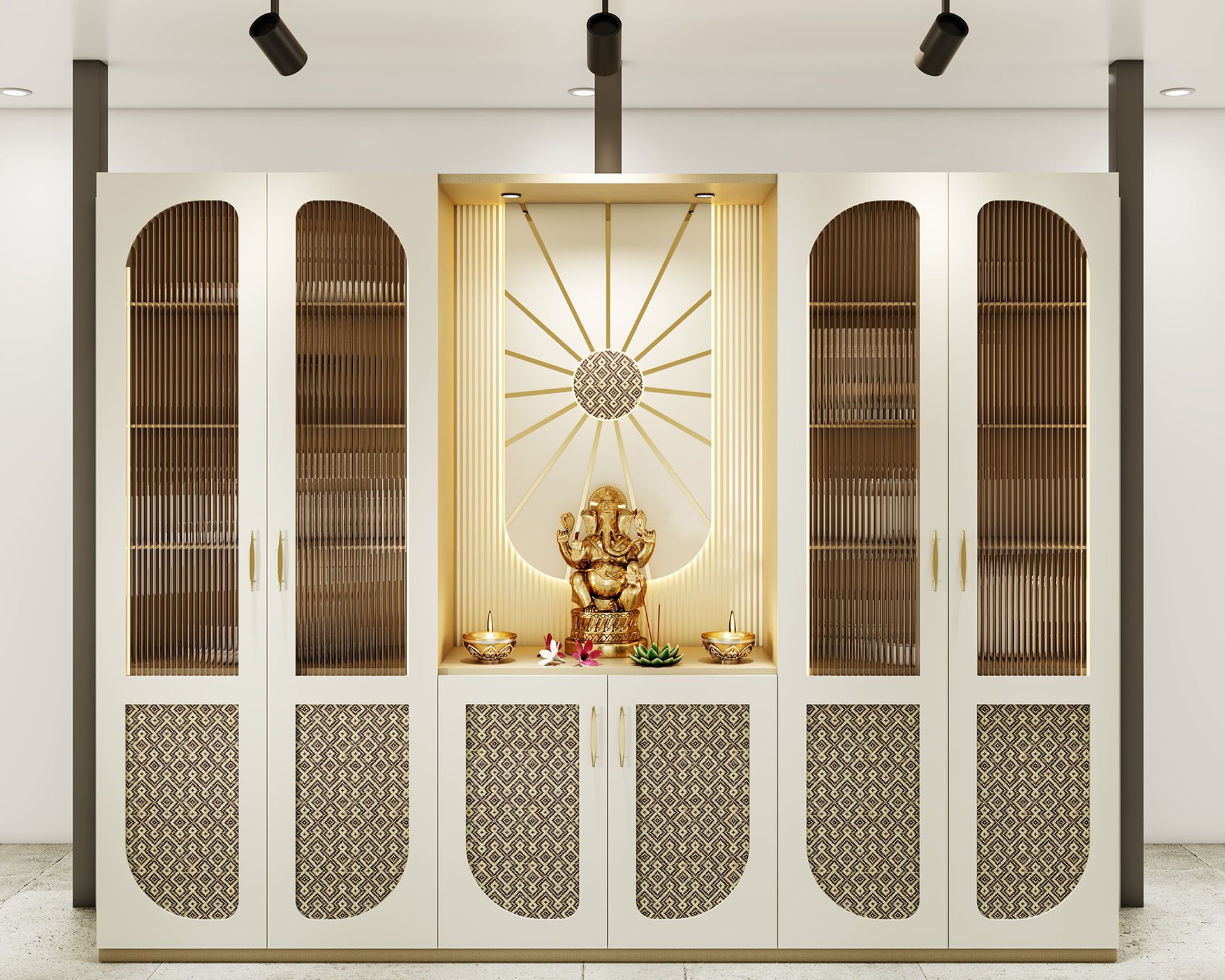 Transitional Pooja Design with Sunburst Motif and Cream Gold Cabinets ...