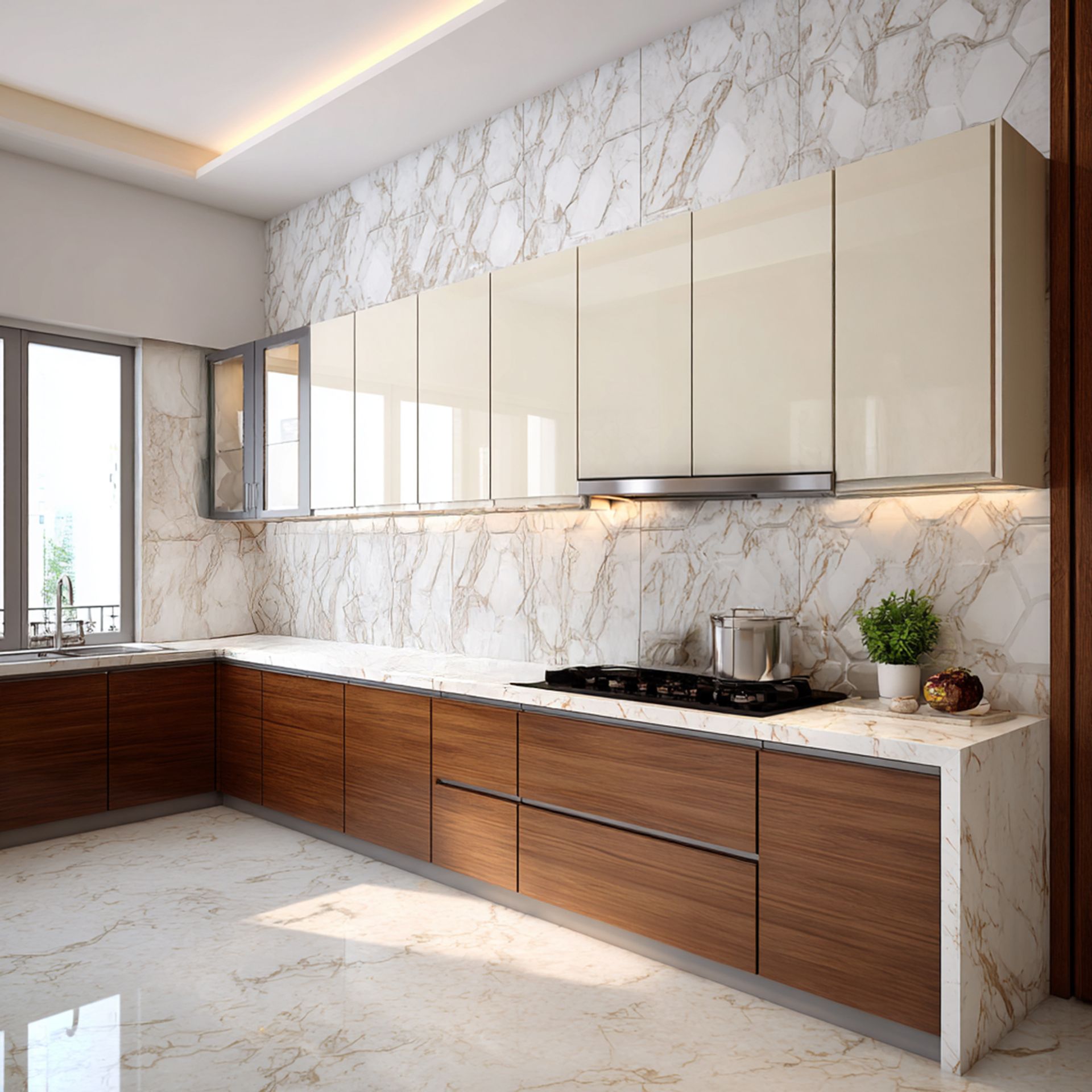 White Amati Modern L-Shaped Kitchen Design with Marble Countertop ...