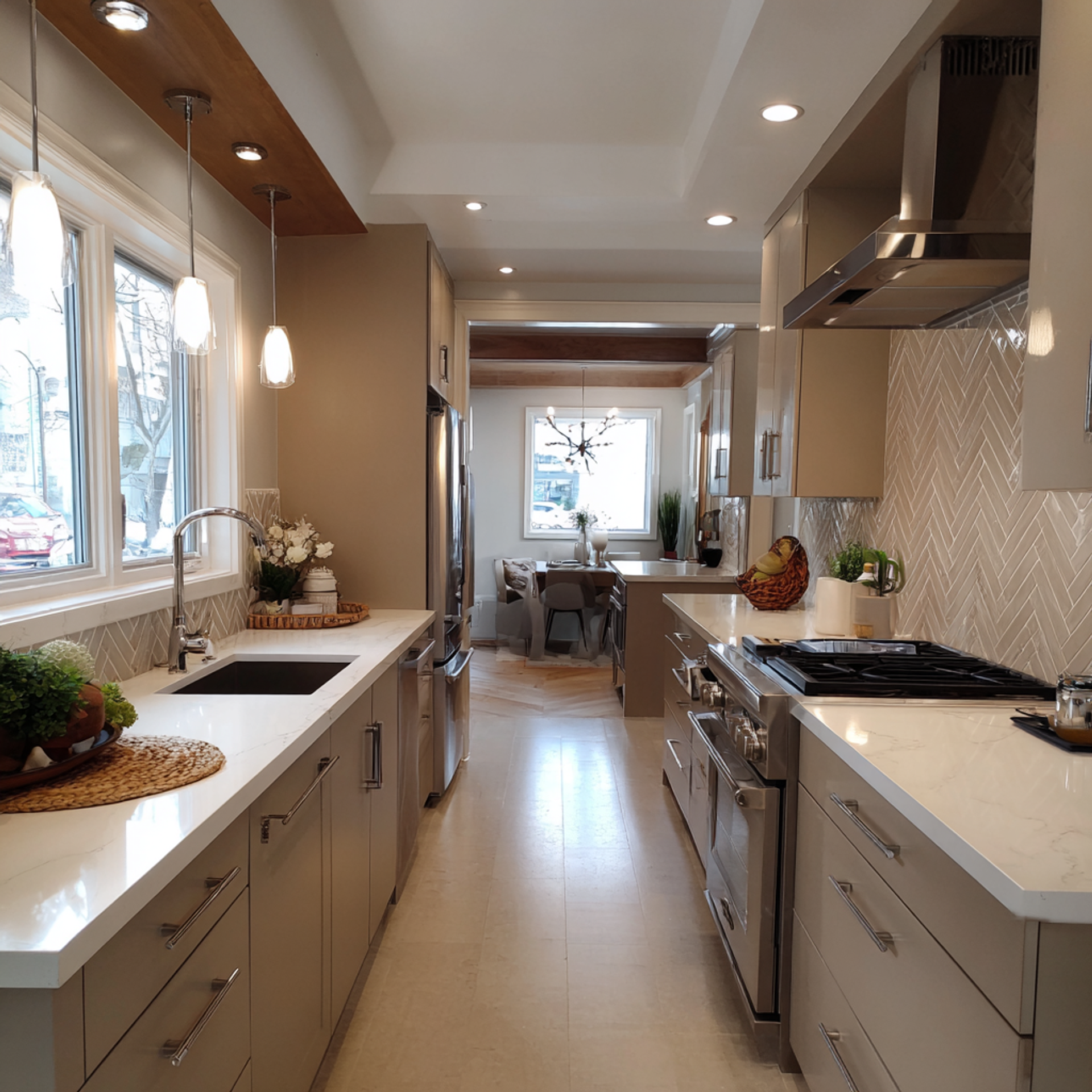 Modern Parallel Kitchen Design in Glossy Cream Finish and Quartz ...