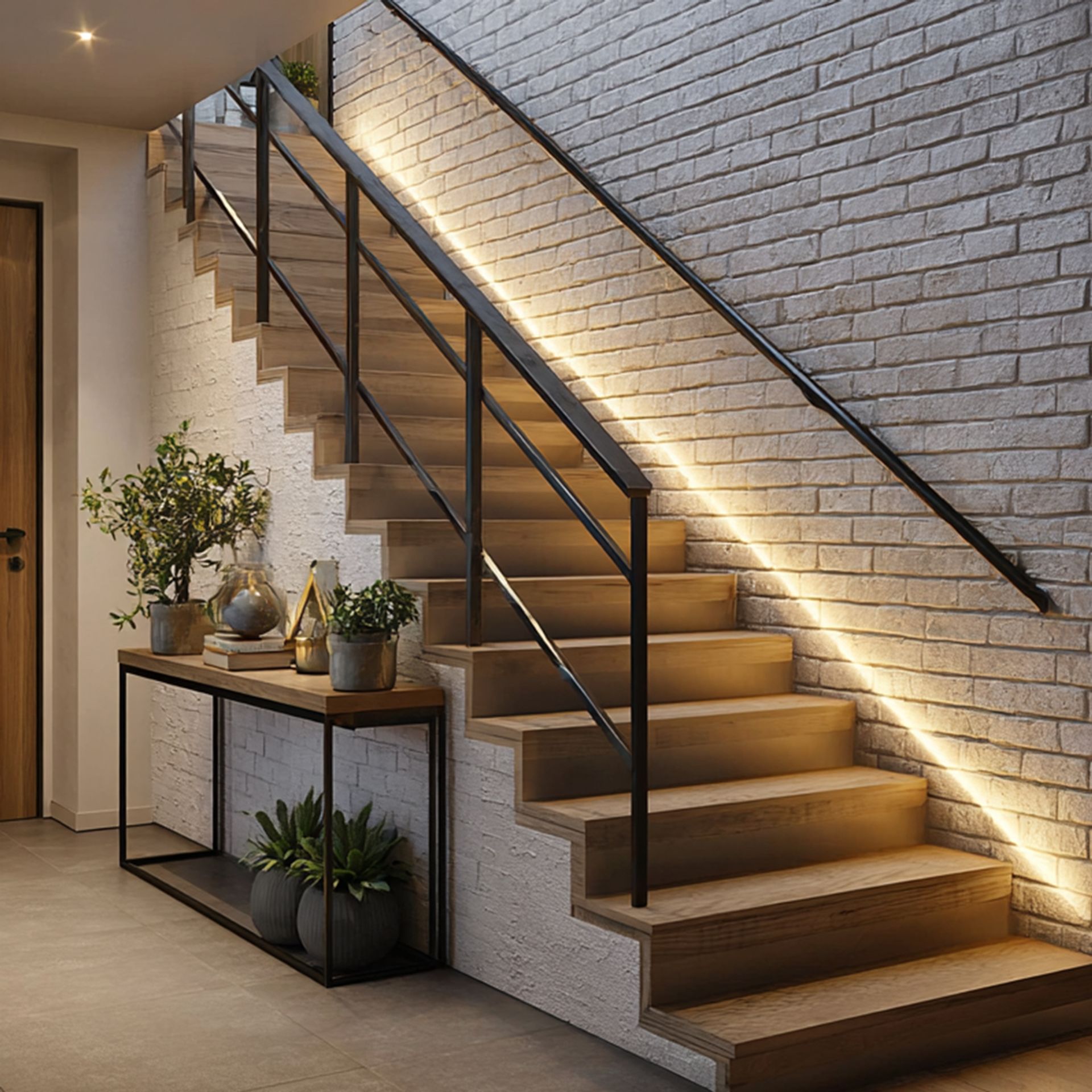 Straight Industrial Staircase Design with Wooden Steps | Livspace