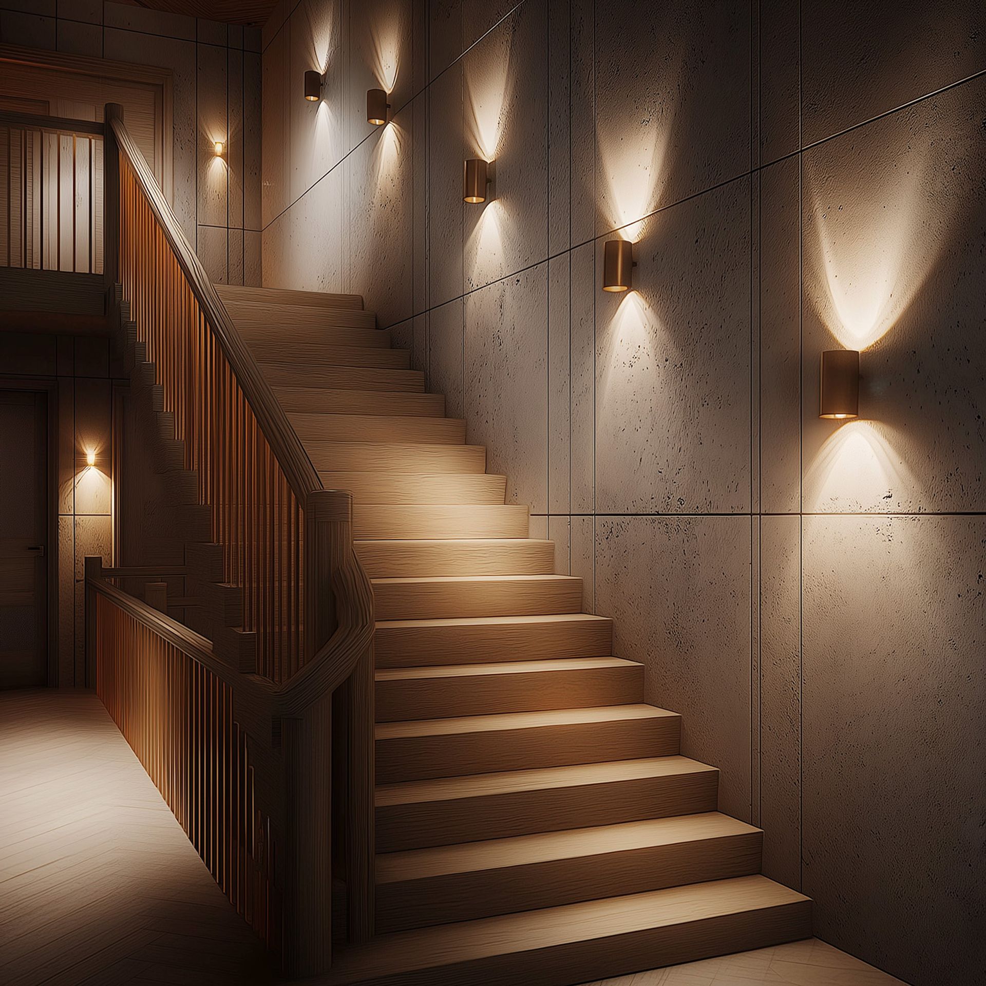 Straight Contemporary Staircase Design with Warm Wooden Finish | Livspace
