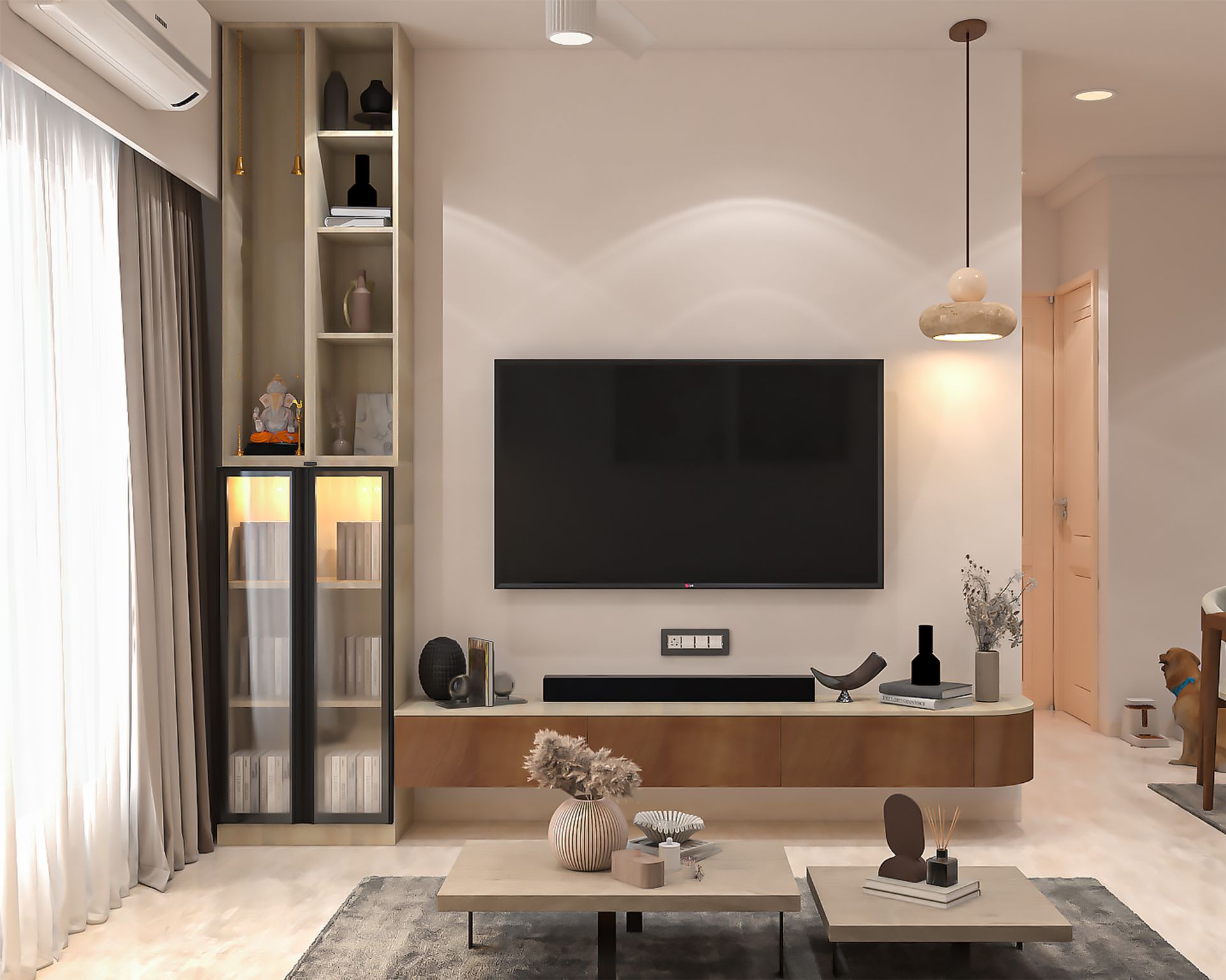 Contemporary Walnut Bronze TV Unit Design with Glass Storage | Livspace