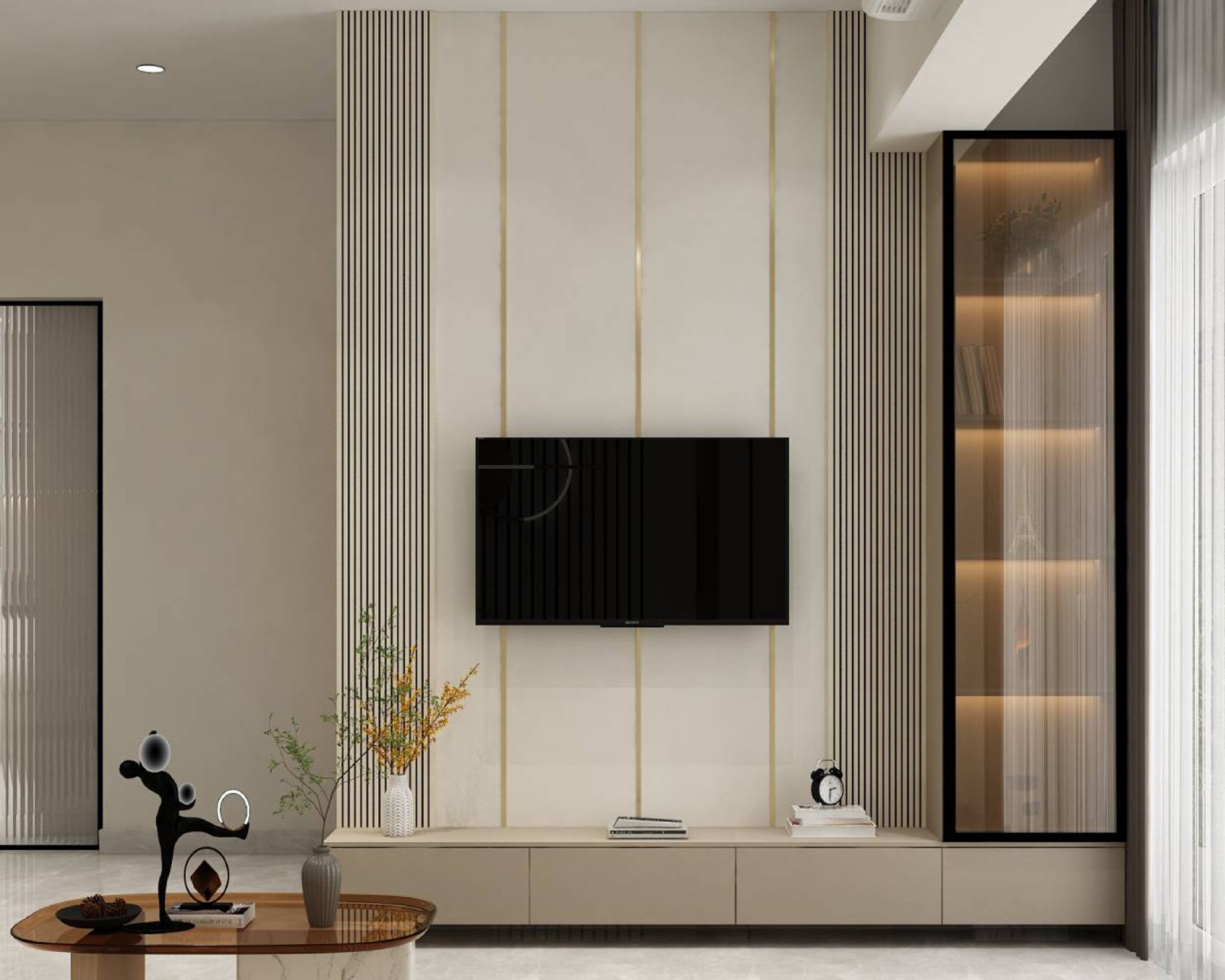 Modern TV Unit Design with Glass Tall Unit and Drawer Storage | Livspace