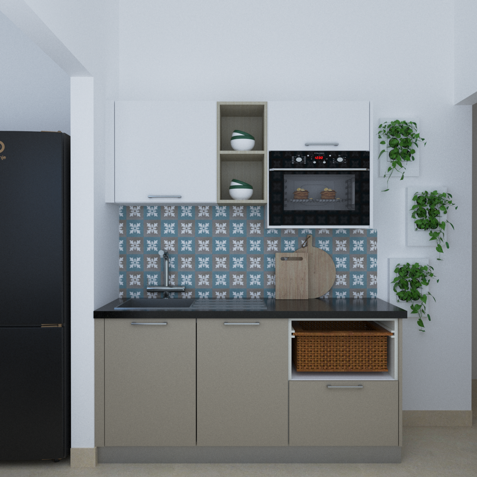 Compact Kitchen with Subtle Colours and Patterned Dado | Livspace