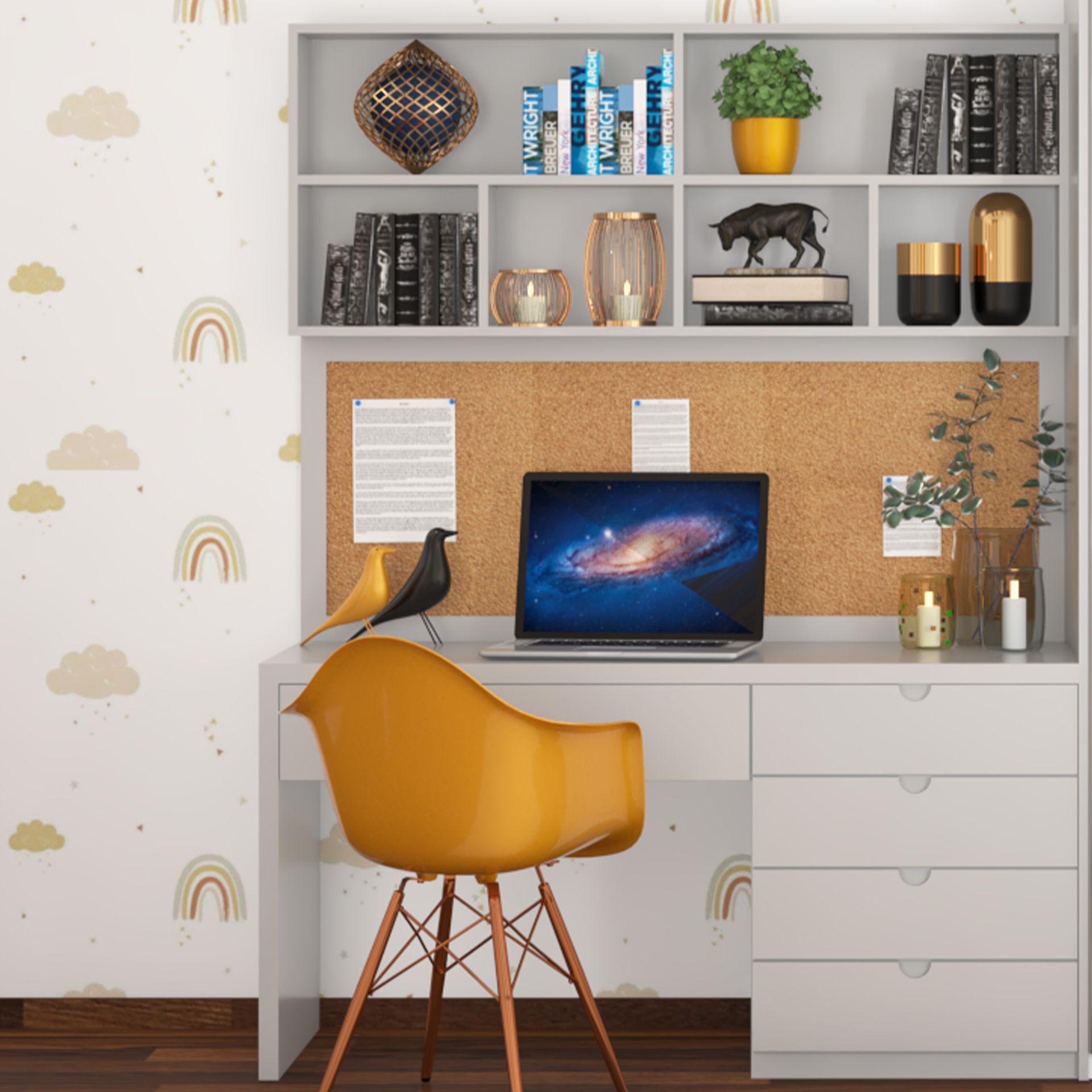 Yellow Modern Spacious Study Room Interior Design with Shelves | Livspace