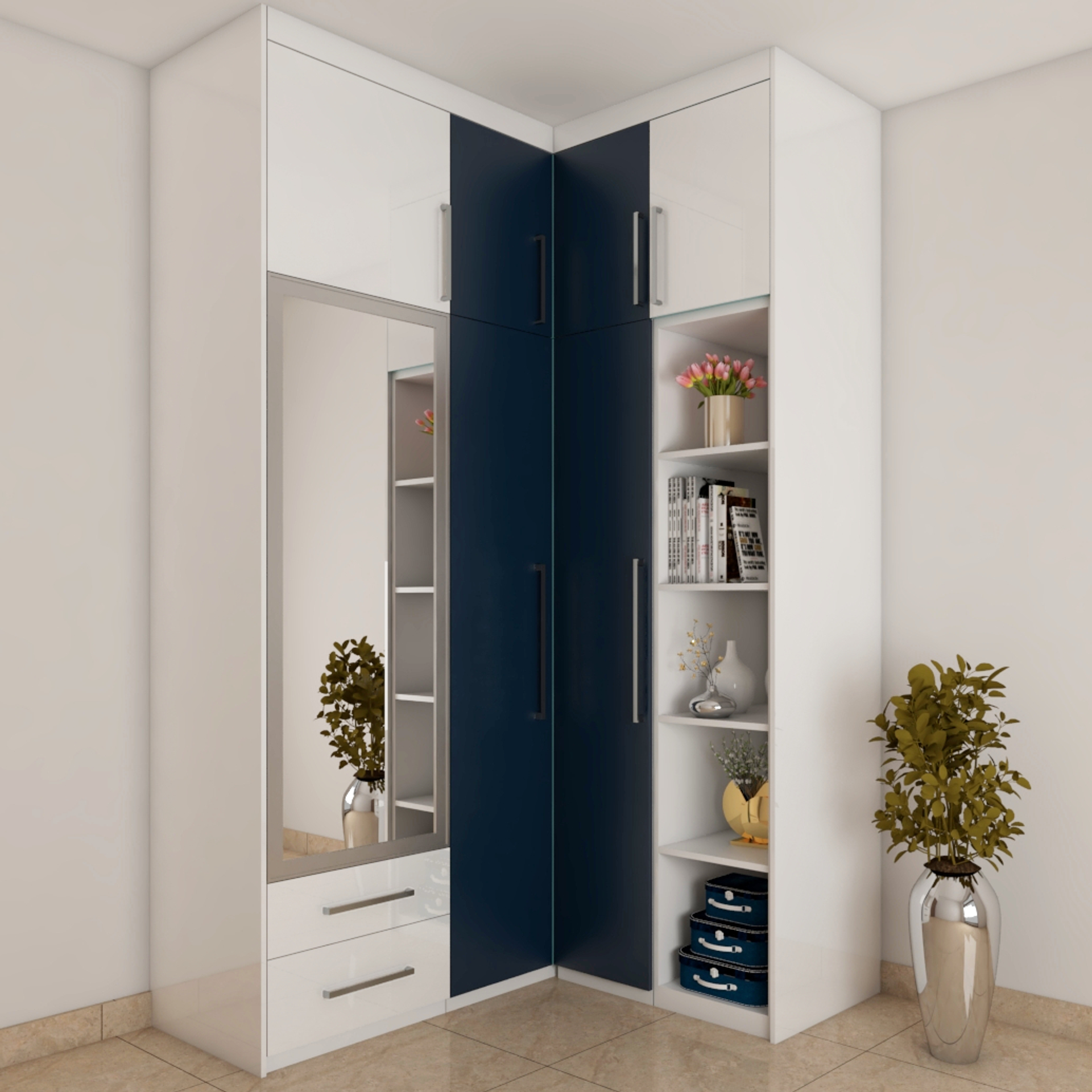Modern L-Shaped Compact Wardrobe with Multiple Storage | Livspace