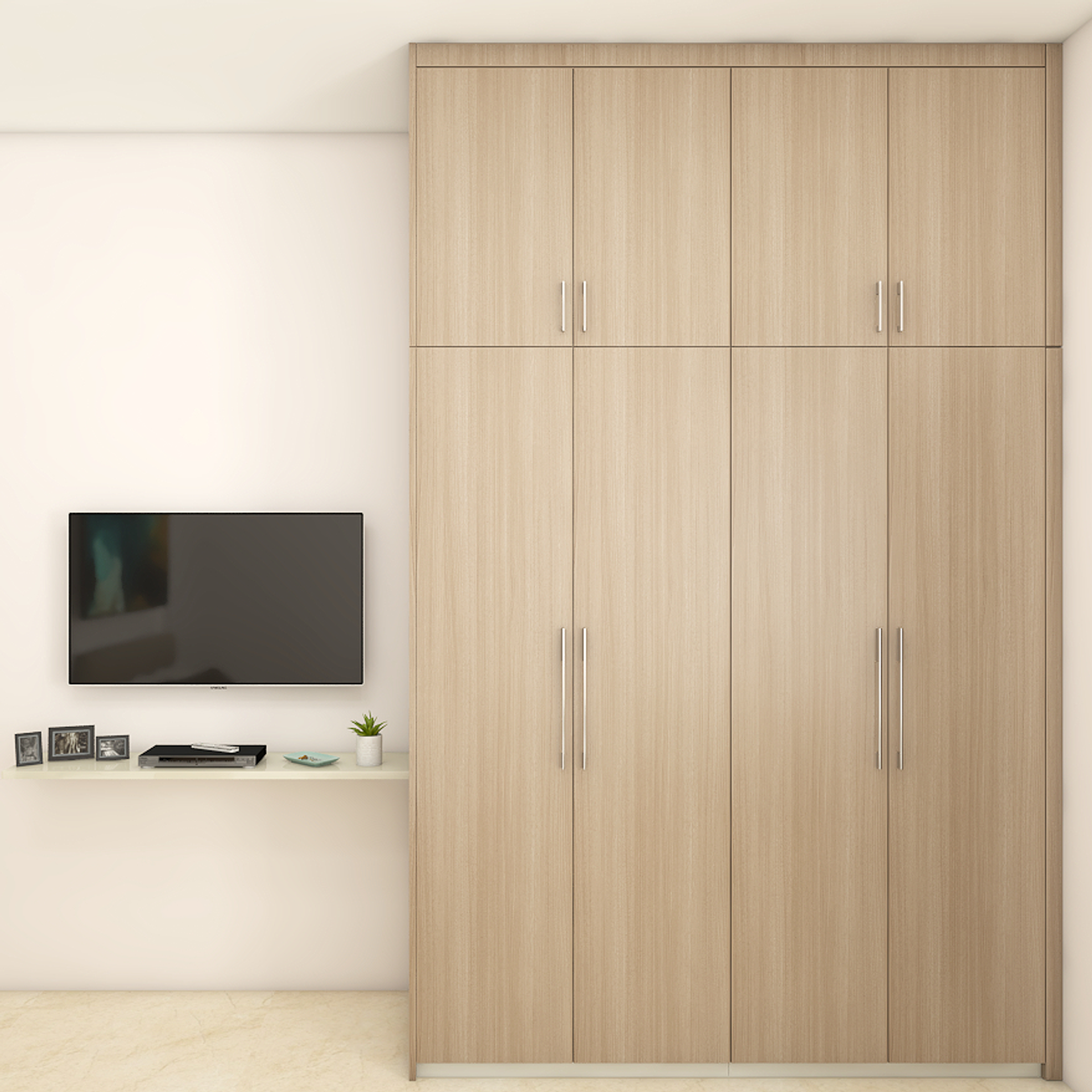 Simple Light-Coloured Wardrobe with Wooden Grainy Textures | Livspace