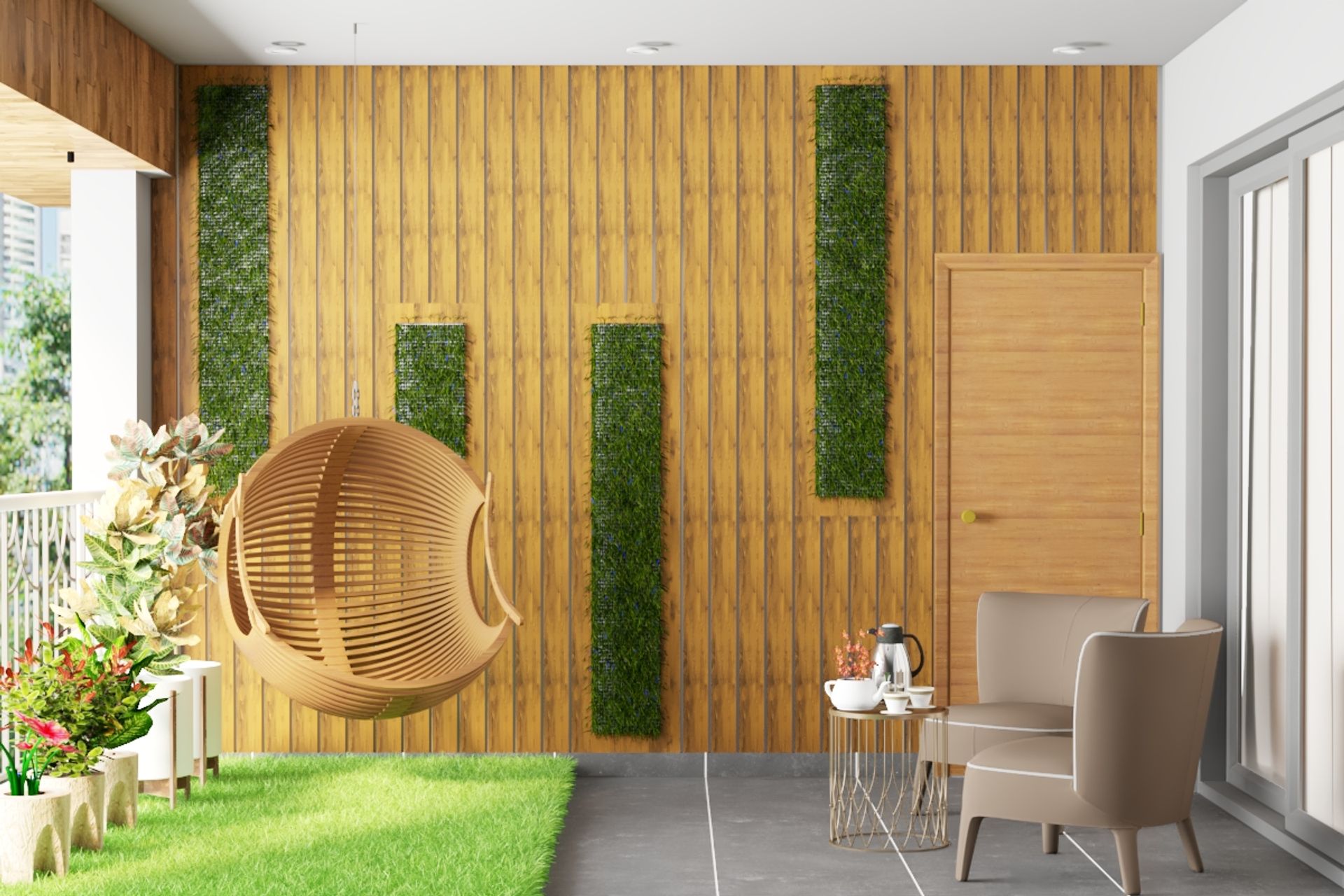 Spacious Balcony Design Styled With Plants And Wooden Panelling | Livspace